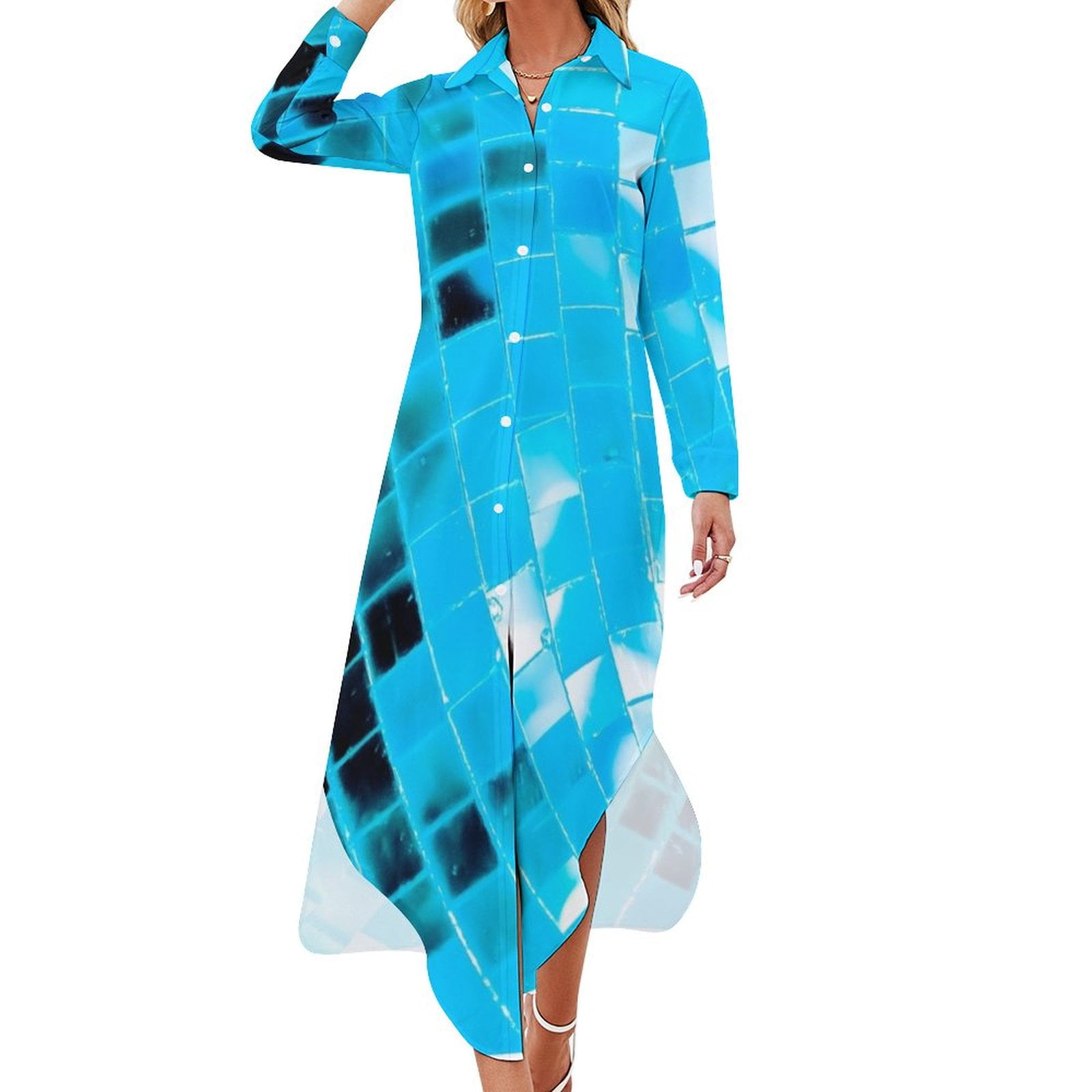 Blue Funky Disco Ball Long Sleeved Shirt Dress summer dress woman 2024 ...