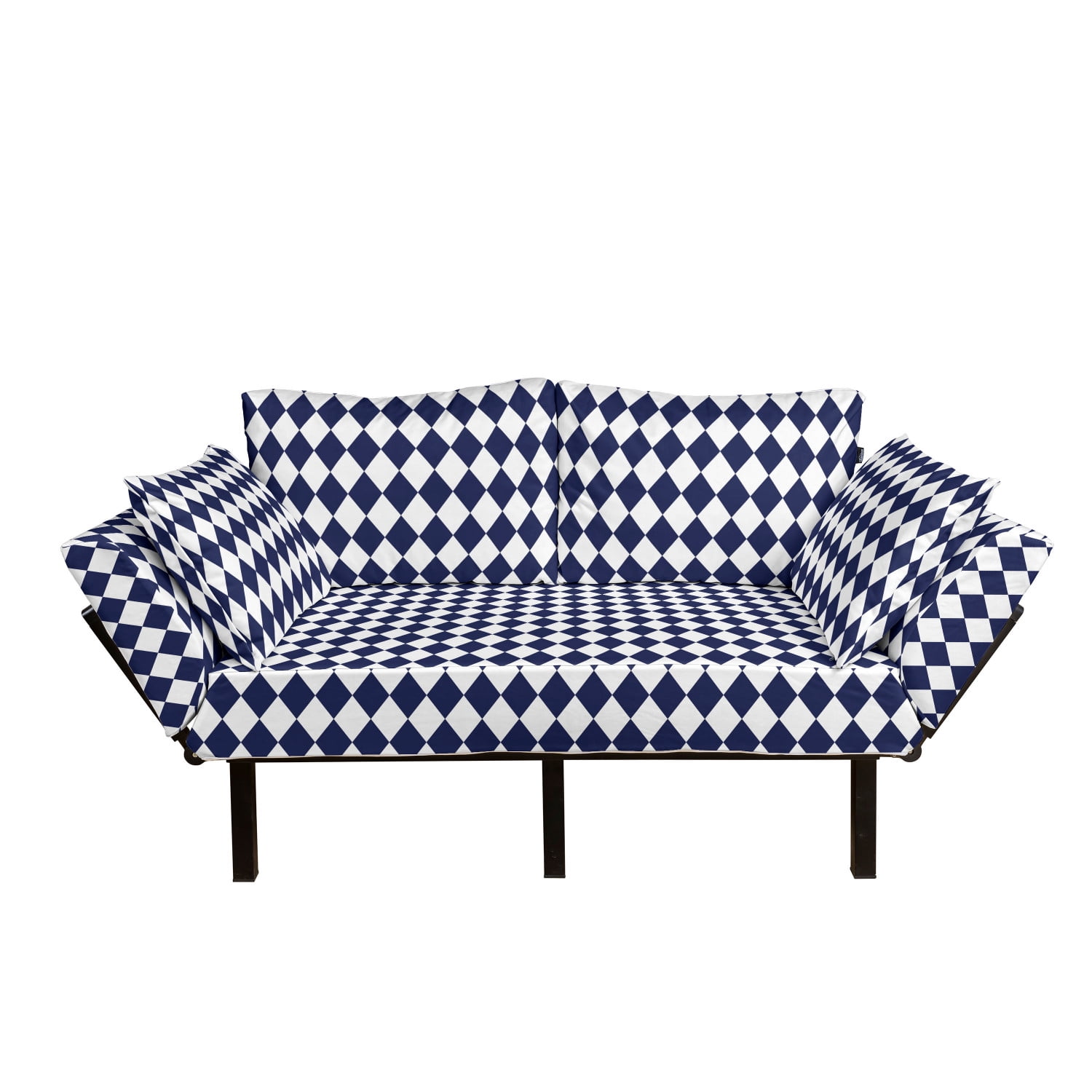 Blue Futon Couch, Classical Old Fashioned Checkered Pattern Geometric ...