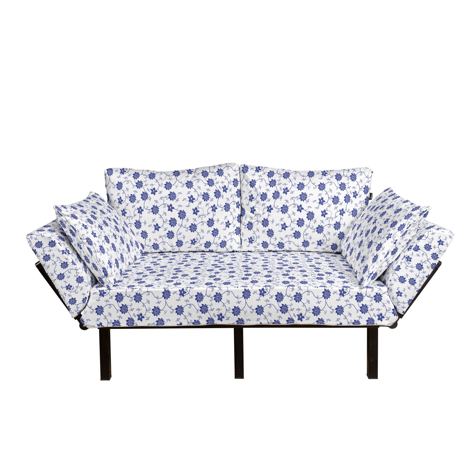 Blue Futon Couch, Hand Drawn Style Chinese Pattern with Flowers Nature ...