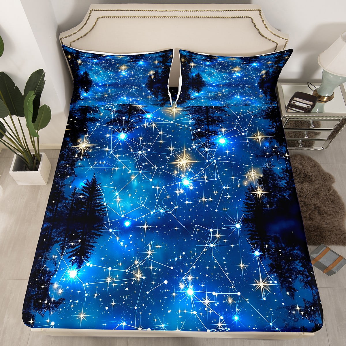 Blue Galaxy Full Fitted Sheet,Star Constellation Bedding Set Bedroom ...