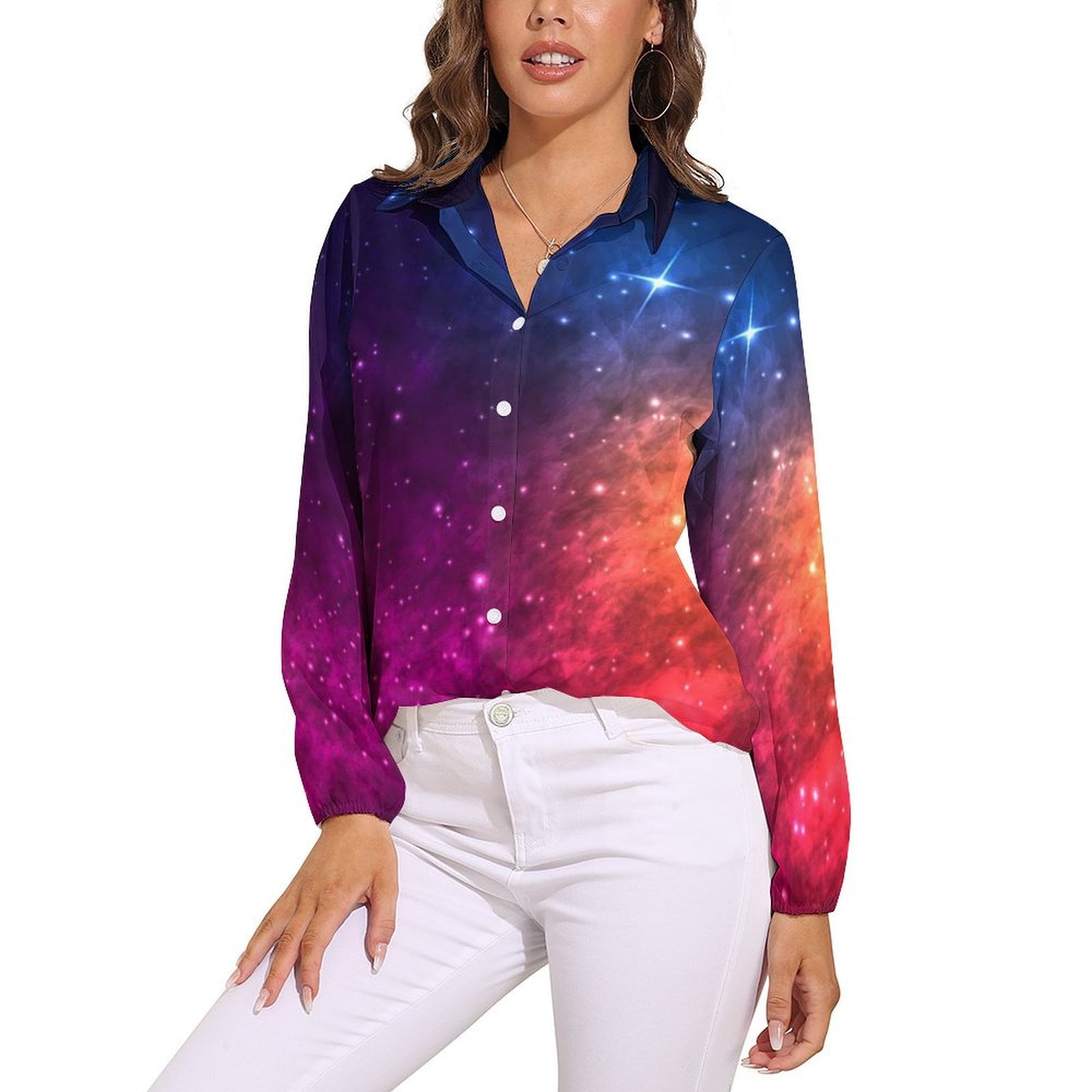 Blue Galaxy Print Blouse Space Stars Pretty Design Blouses Women Long ...