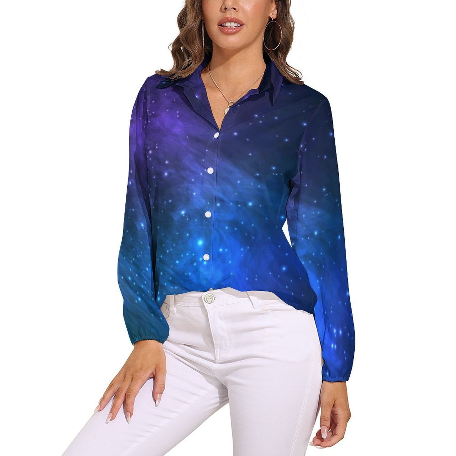 Blue Galaxy Print Blouse Space Stars Pretty Design Blouses Women Long ...