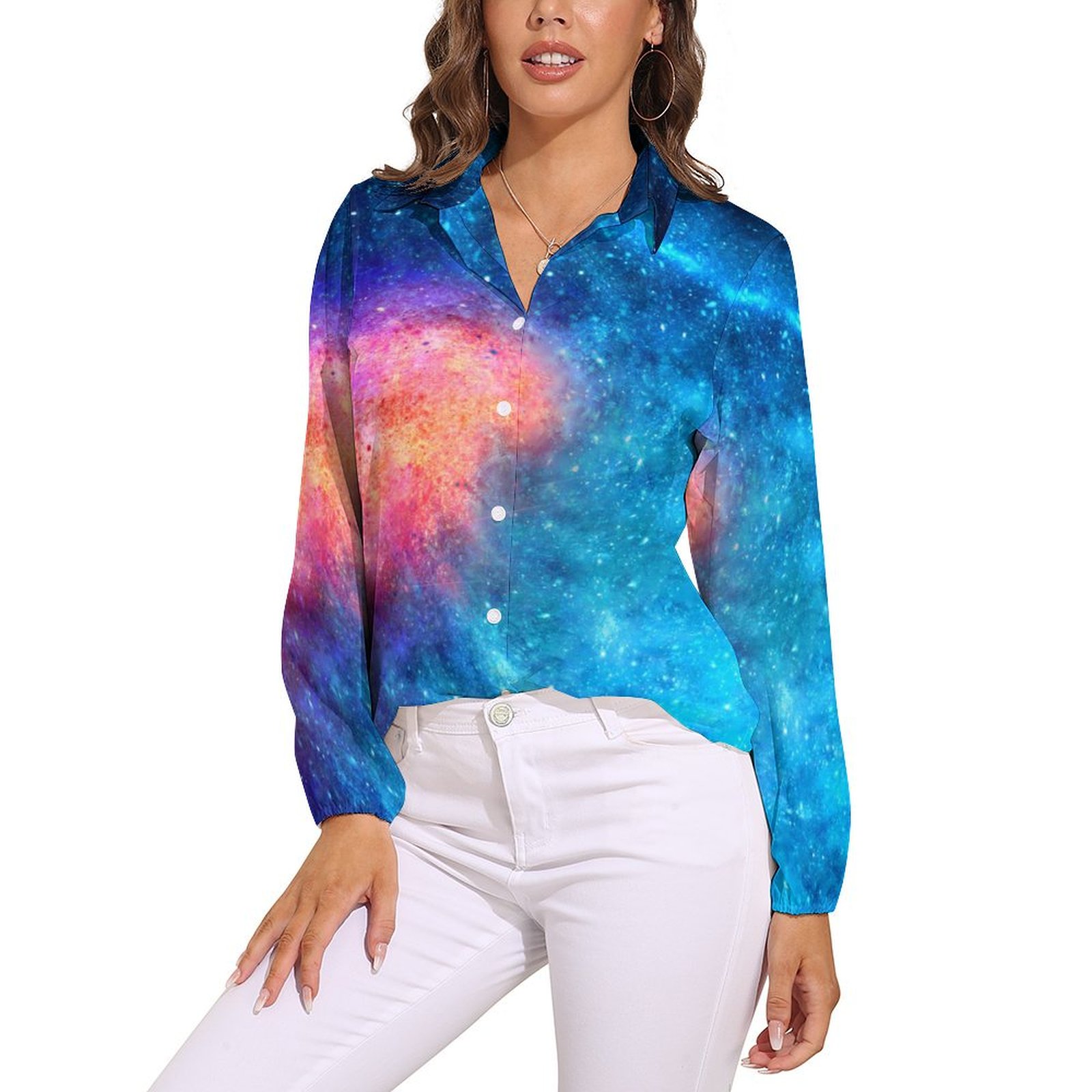 Blue Galaxy Print Blouse Space Stars Pretty Design Blouses Women Long ...