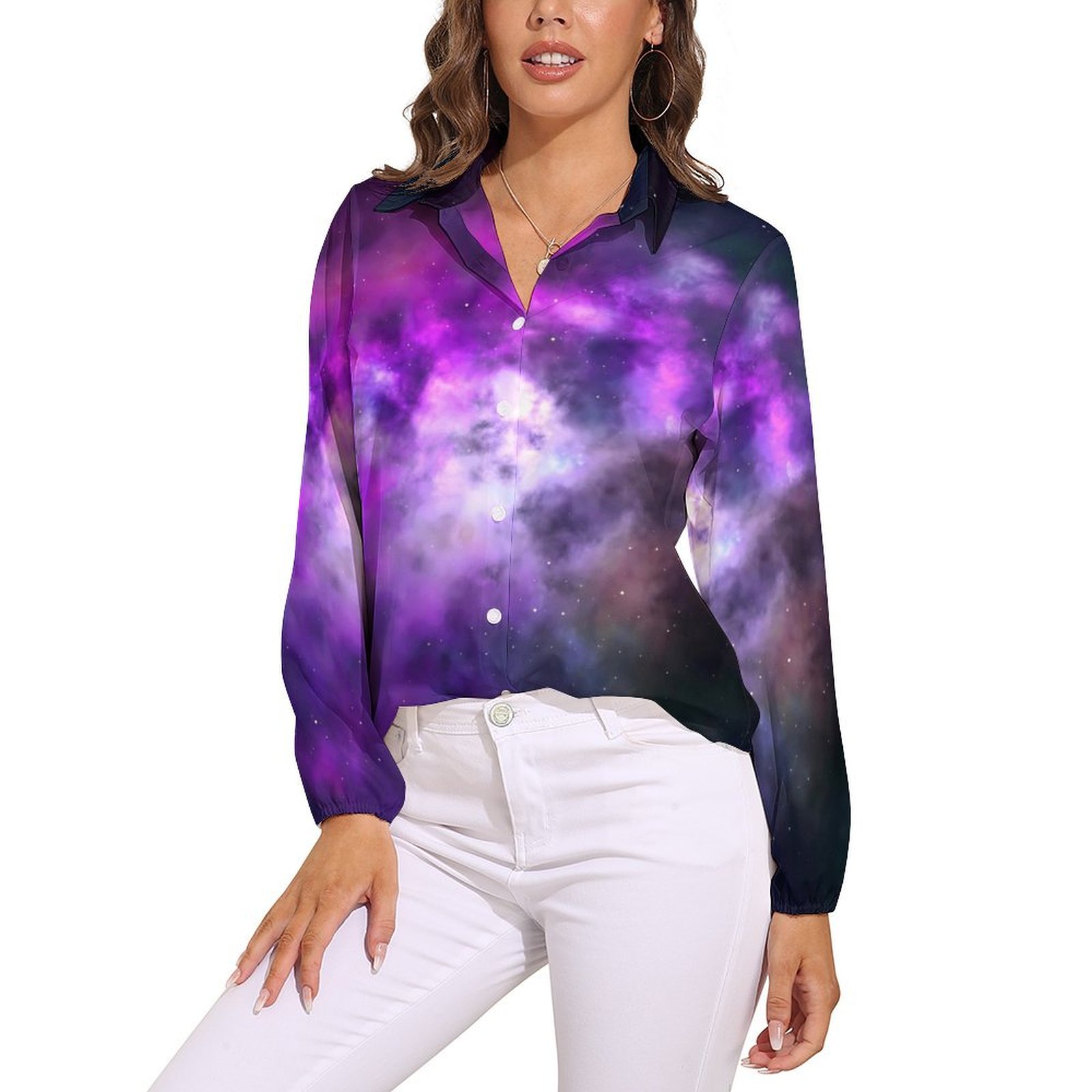 Blue Galaxy Print Blouse Space Stars Pretty Design Blouses Women Long ...