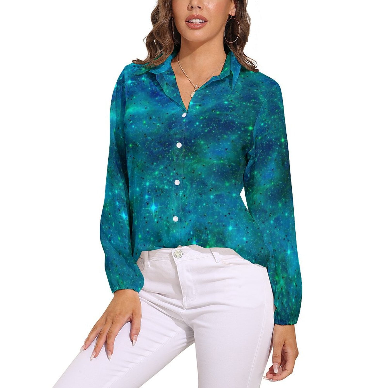 Blue Galaxy Print Blouse Space Stars Pretty Design Blouses Women Long ...