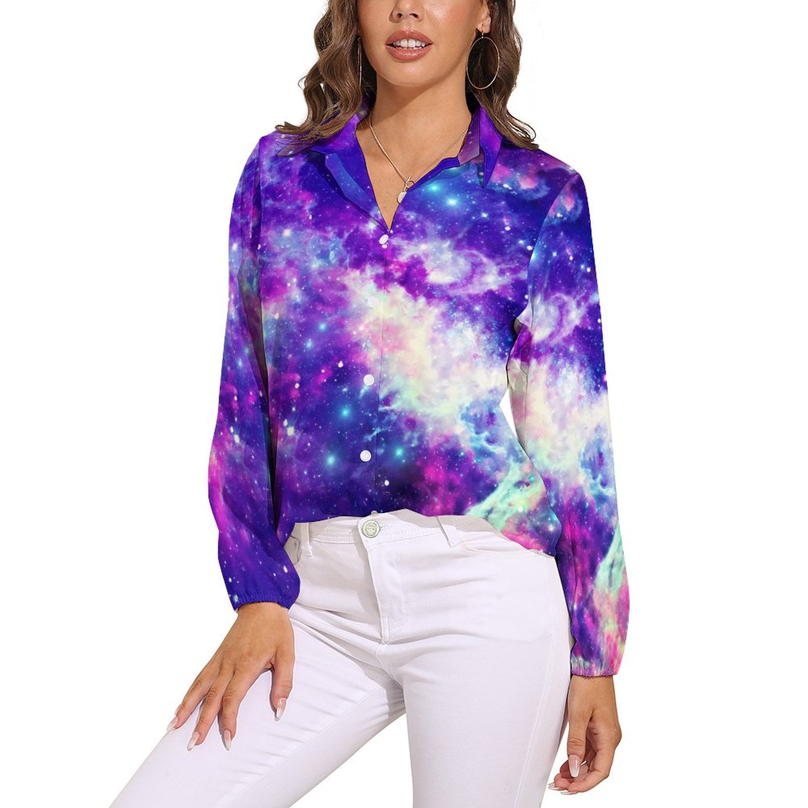 Blue Galaxy Print Blouse Space Stars Pretty Design Blouses Women Long ...