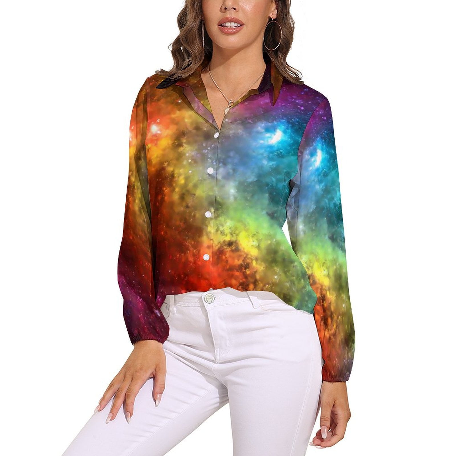 Blue Galaxy Print Blouse Space Stars Pretty Design Blouses Women Long ...