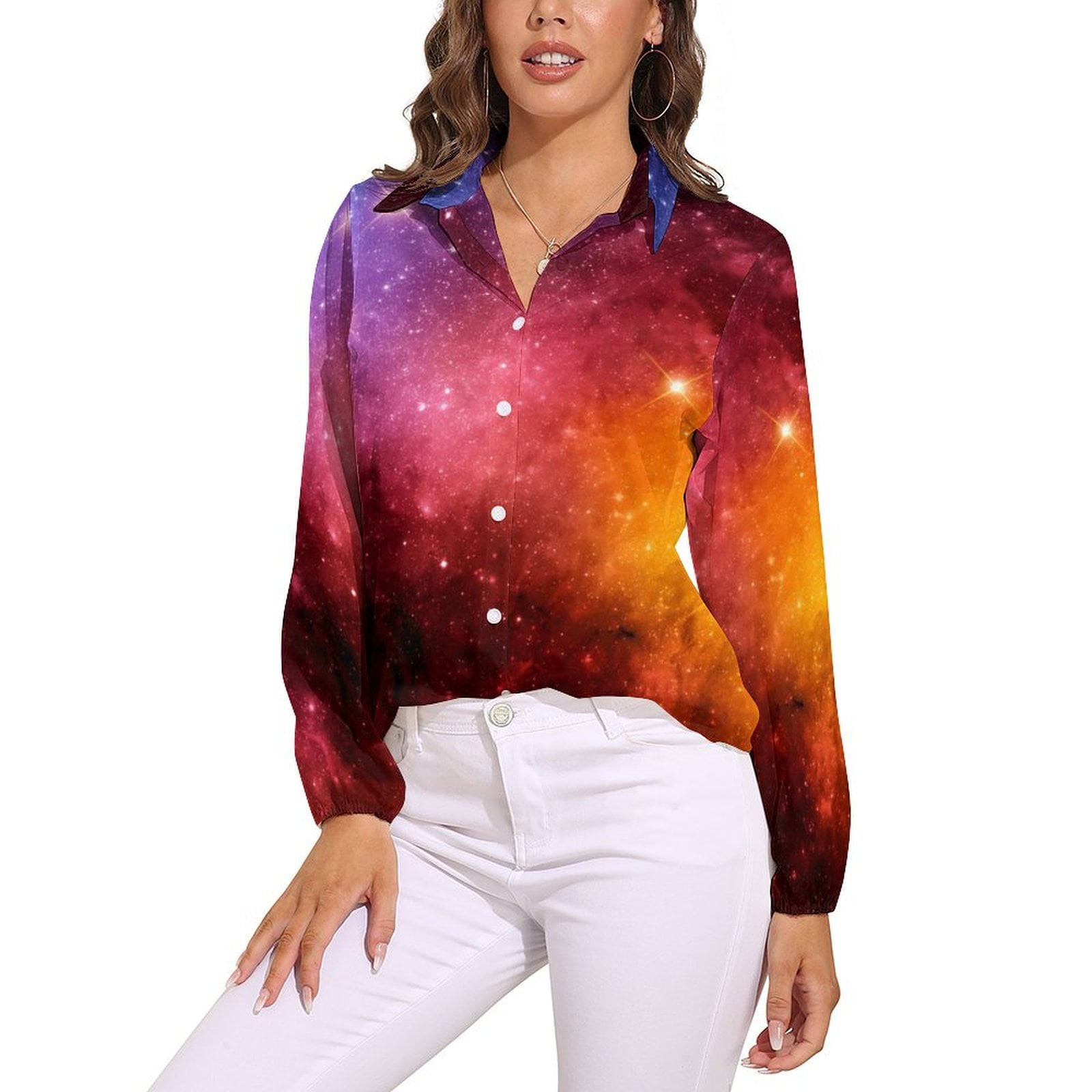 Blue Galaxy Print Blouse Space Stars Pretty Design Blouses Women Long ...