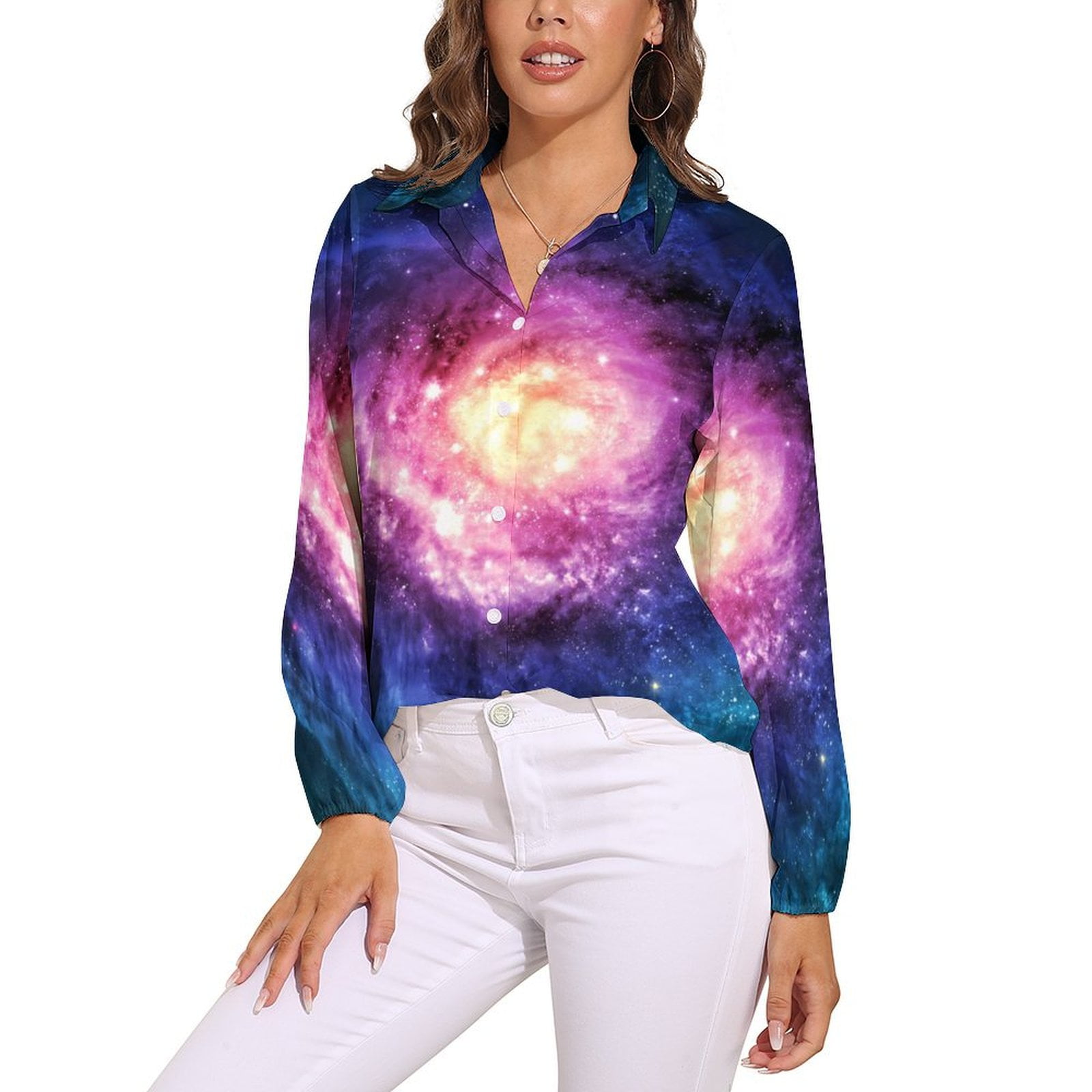 Blue Galaxy Print Blouse Space Stars Pretty Design Blouses Women Long ...