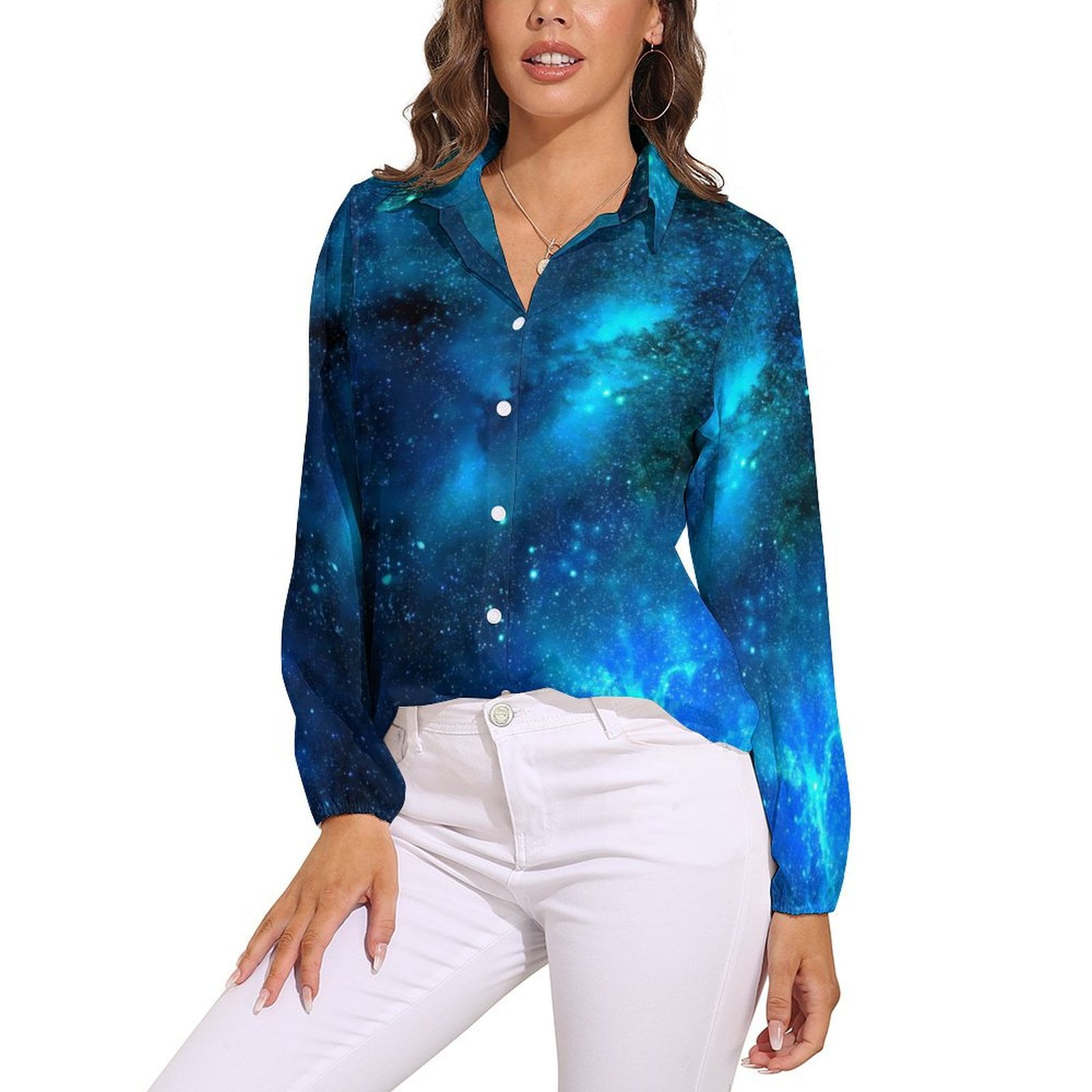 Blue Galaxy Print Blouse Space Stars Pretty Design Blouses Women Long ...