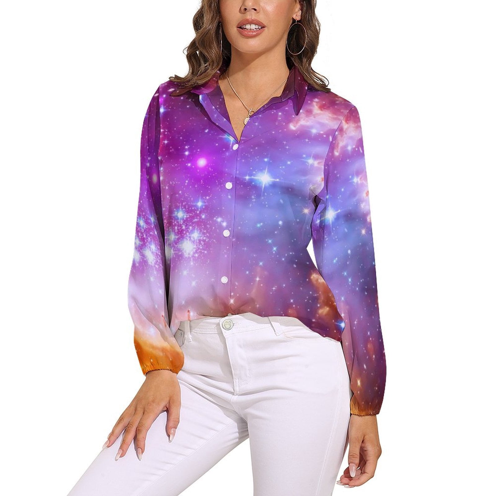 Blue Galaxy Print Blouse Space Stars Pretty Design Blouses Women Long ...