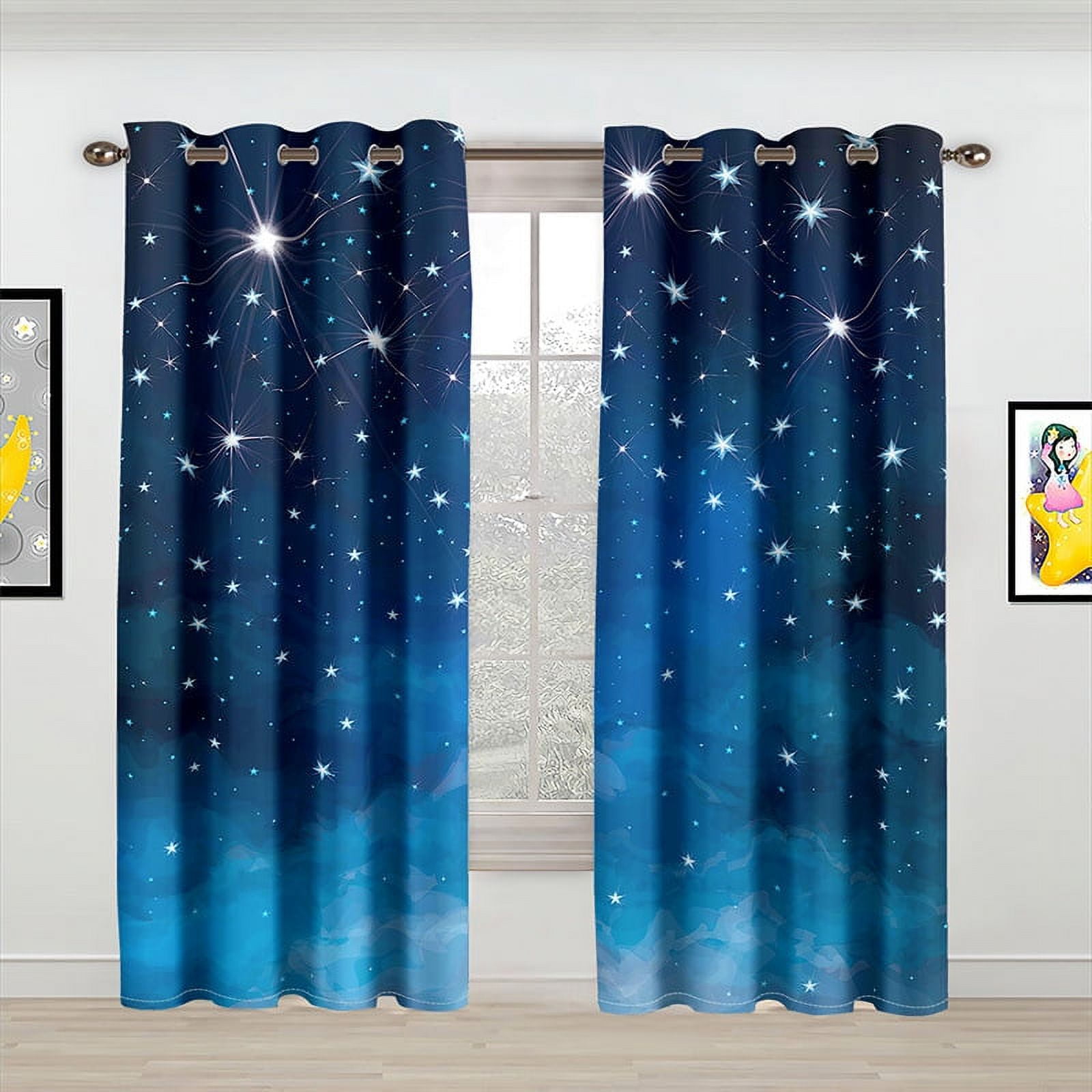Blue Galaxy Window Curtains Space Planet Semi Blackout Curtain Universe Stars Drapes for Bedroom ...