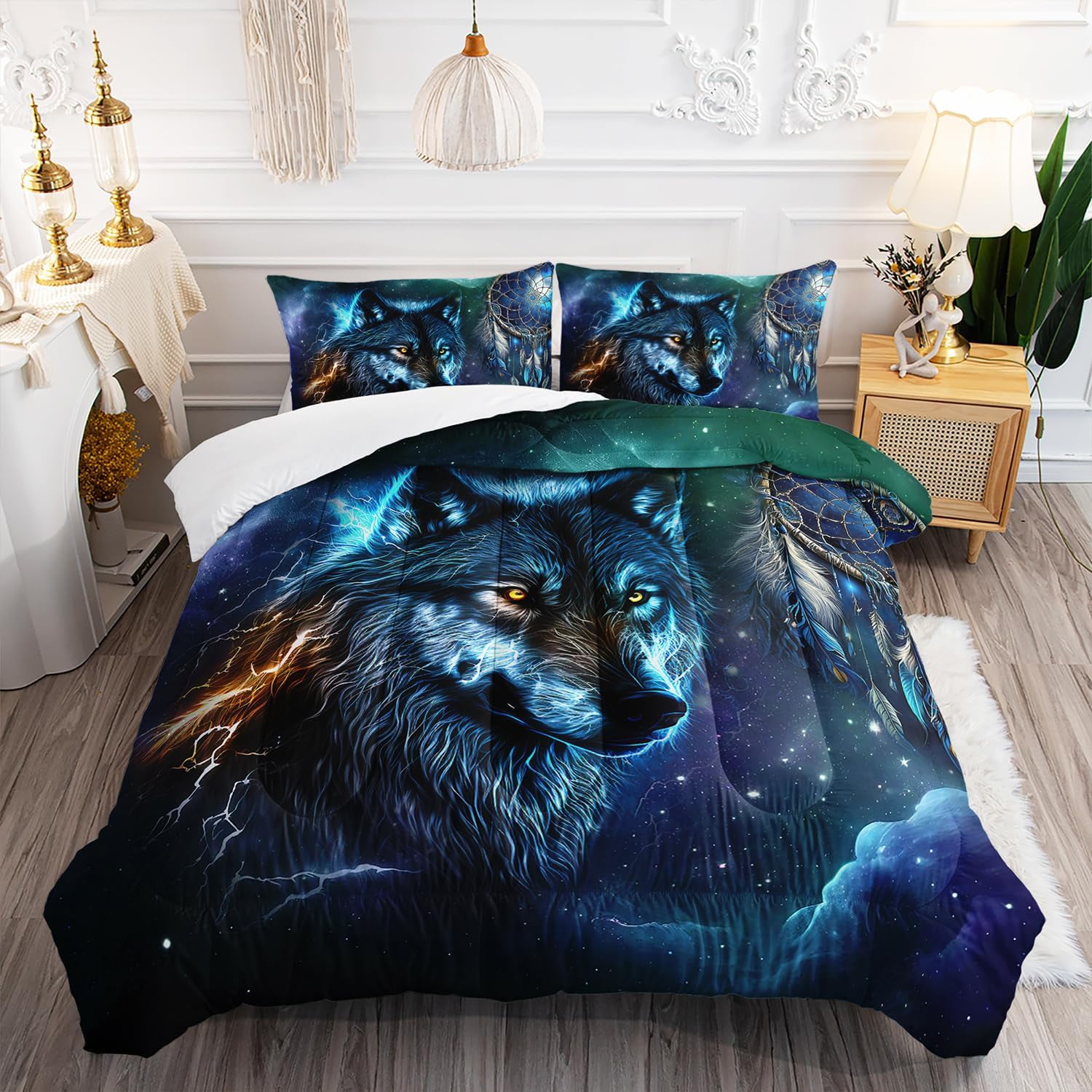 Blue Galaxy Wolf Dream Catcher Comforter Set Full Size, Boys' Outer ...