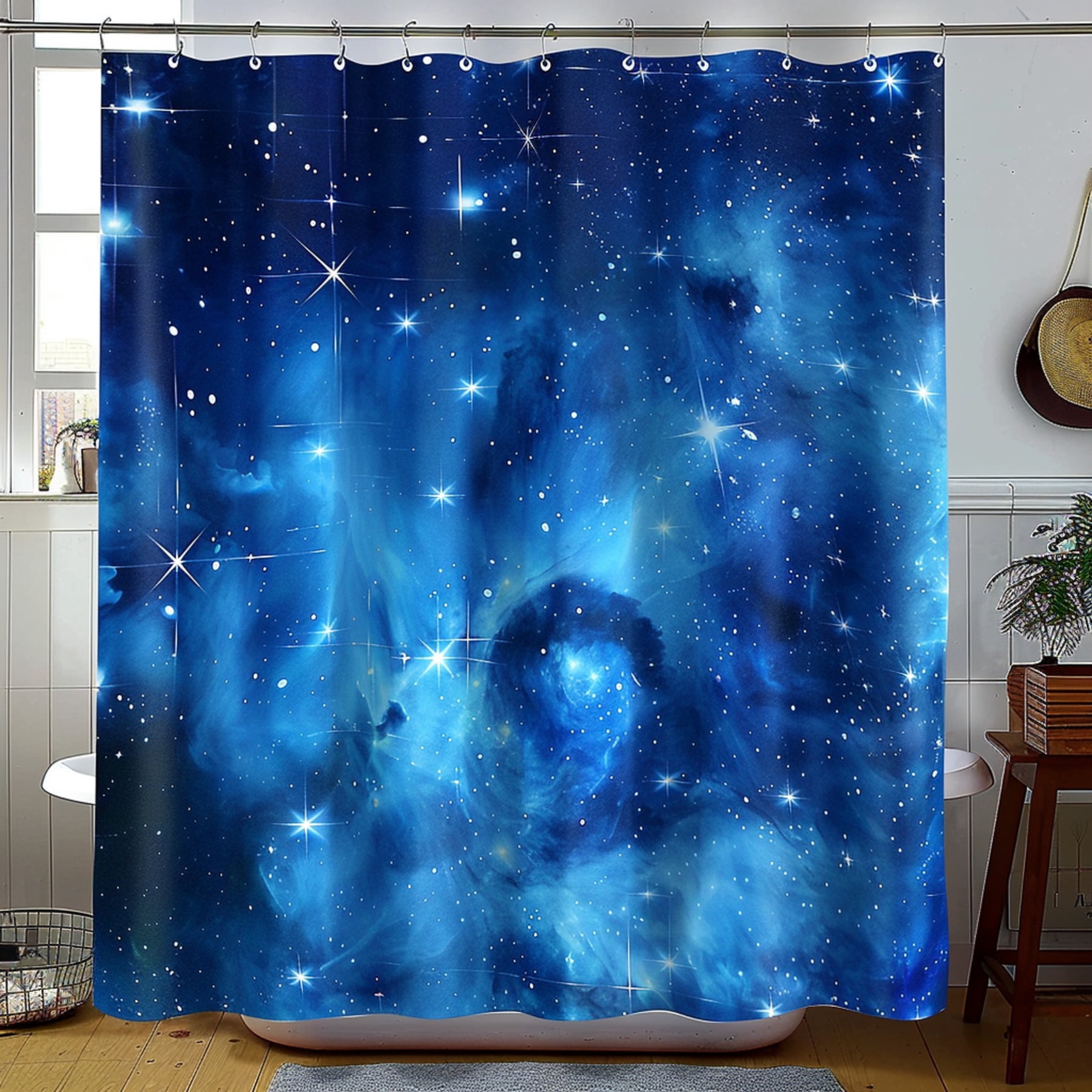 Blue Galaxy and Stars Print Shower Curtain Waterproof Fabric Bathroom ...