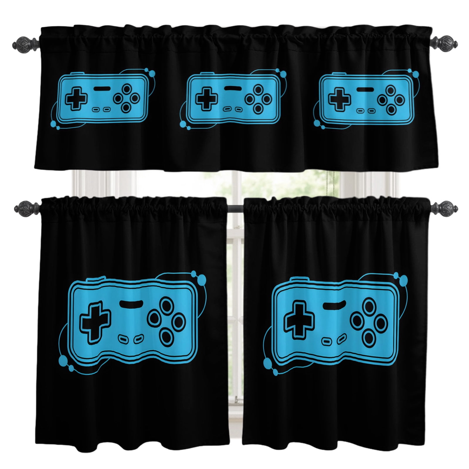 Blue Game Handle Kitchen Curtains, Kitchen Curtains and Valances Set of ...