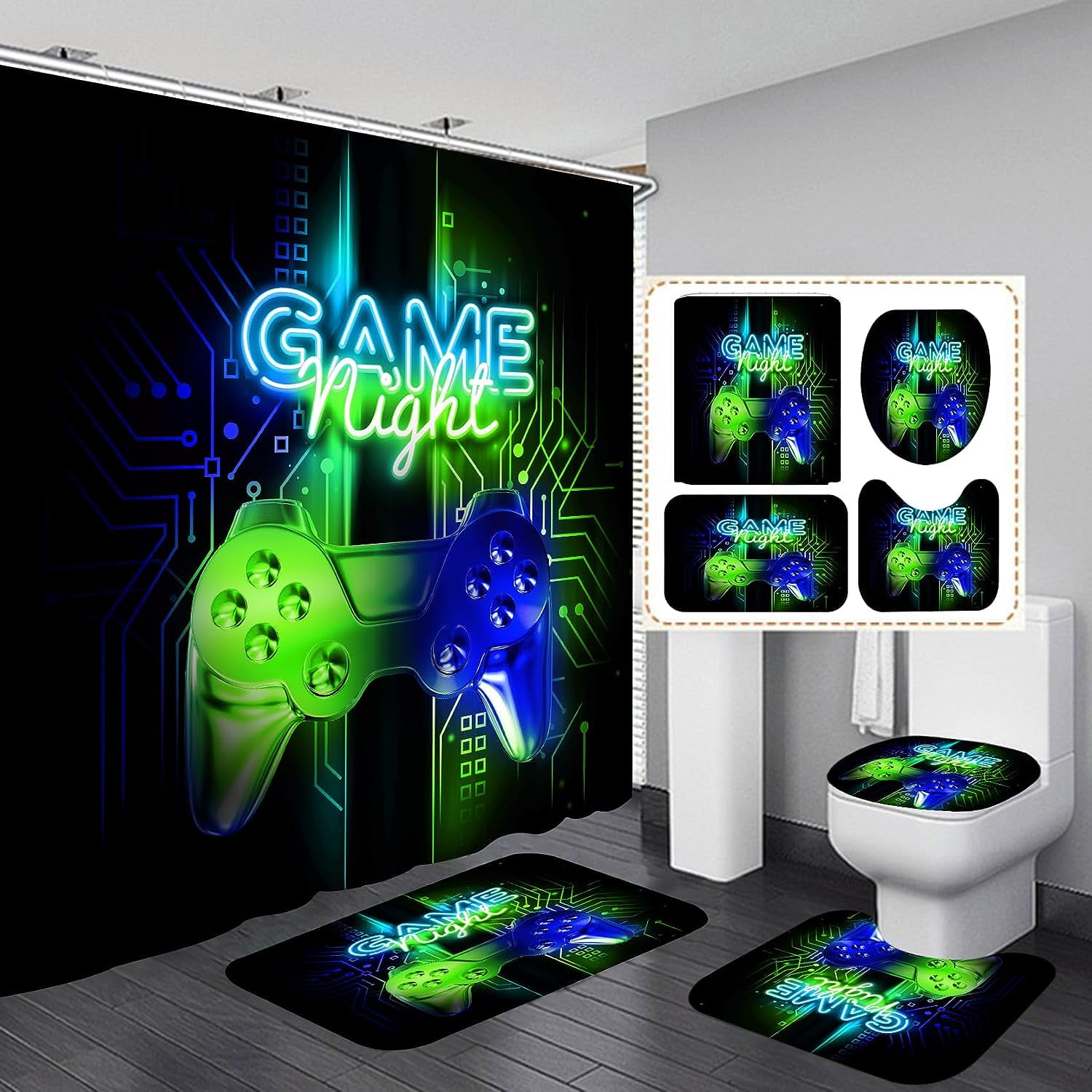 Blue Game Shower Curtain Kids Boys Gaming Bath Curtain with 12 Hooks ...