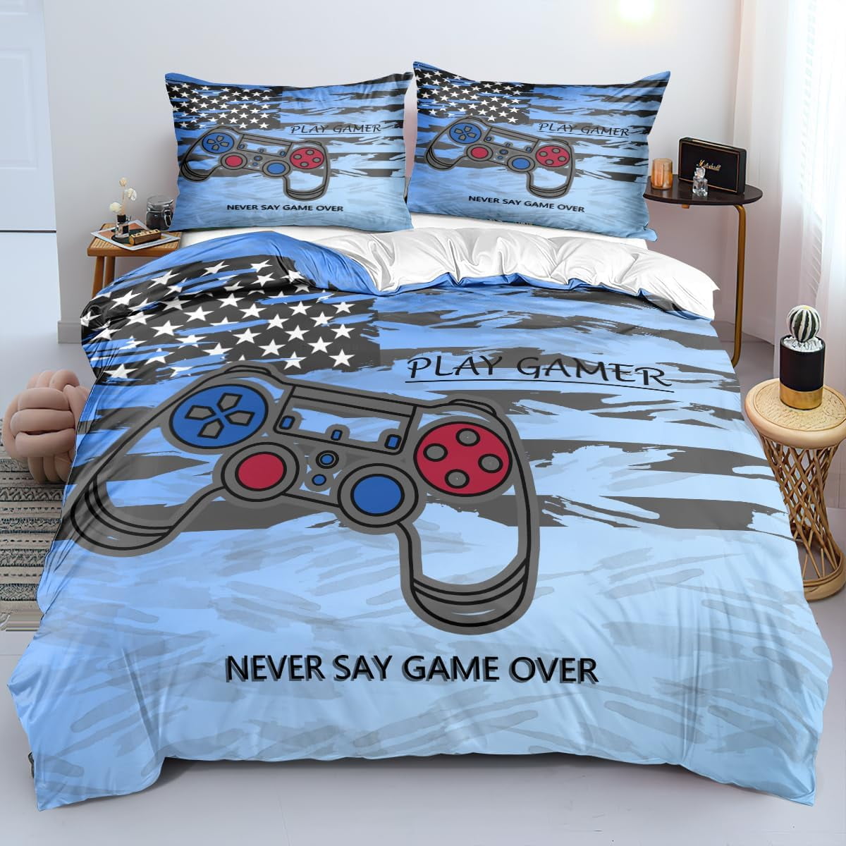 Blue Gamepad Duvet Cover American Flag Comforter Cover Video Game Quilt ...