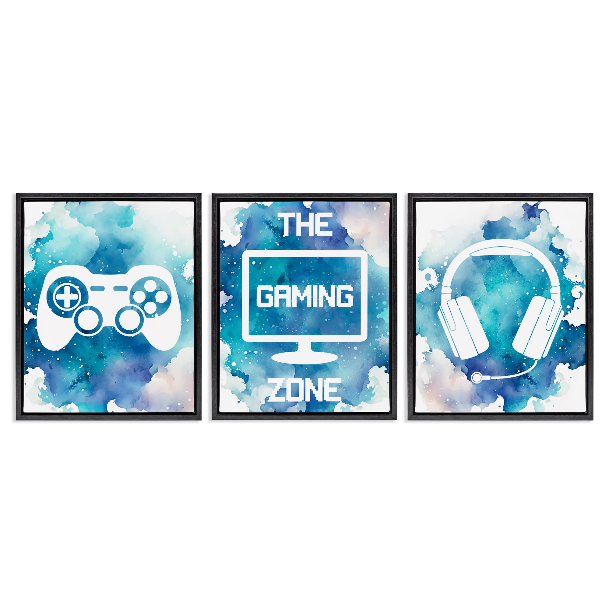 Blue Gamer Splatters 3 Piece Black Framed Floater Canvas Set, design by ...