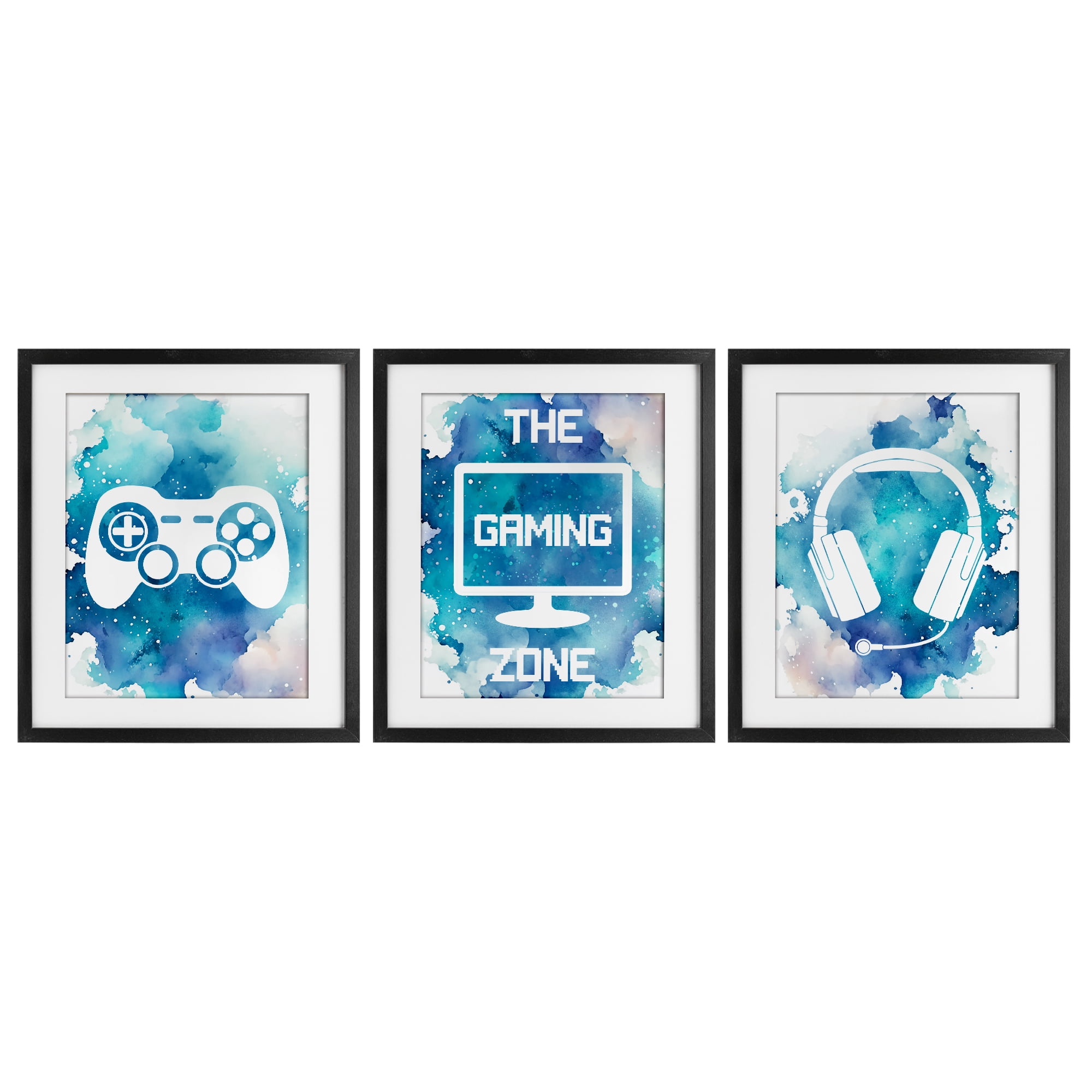 Blue Gamer Splatters 3 Piece Black Framed Print Under Glass Set, design ...