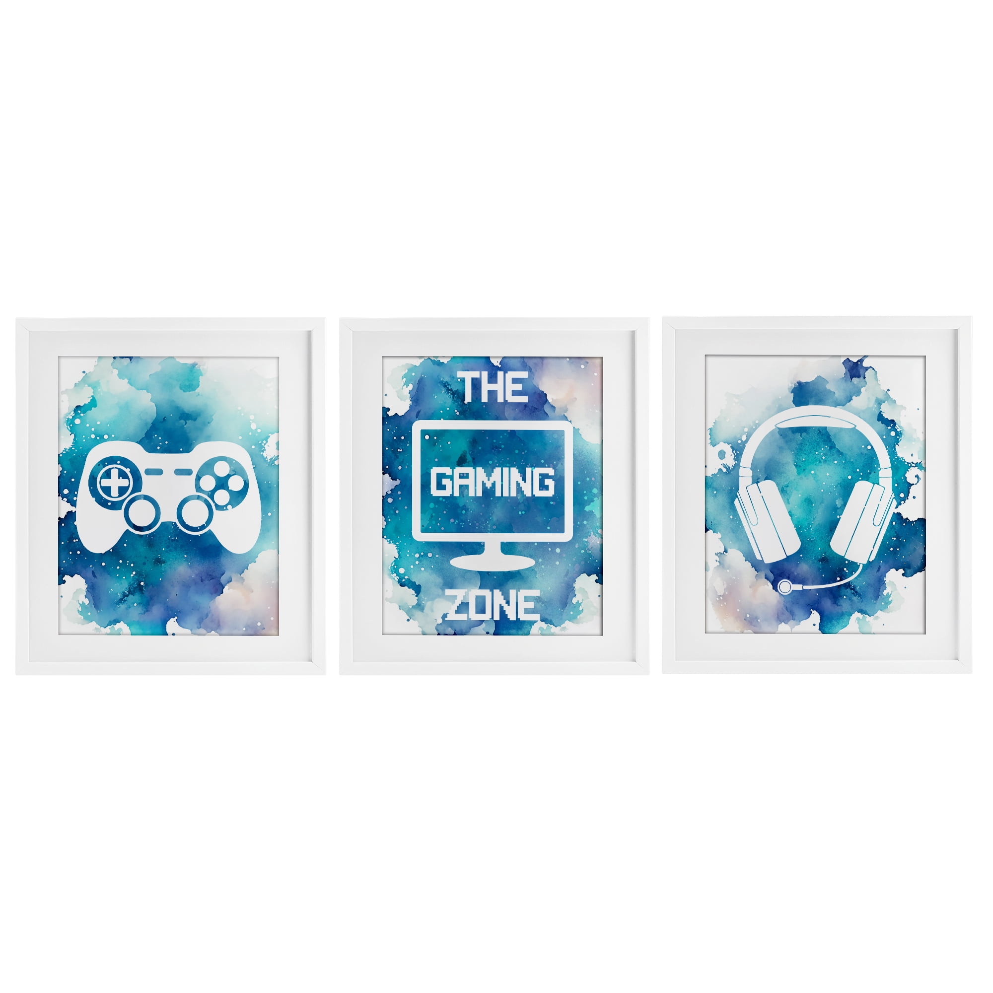 Blue Gamer Splatters 3 Piece White Framed Print Under Glass Set, design ...