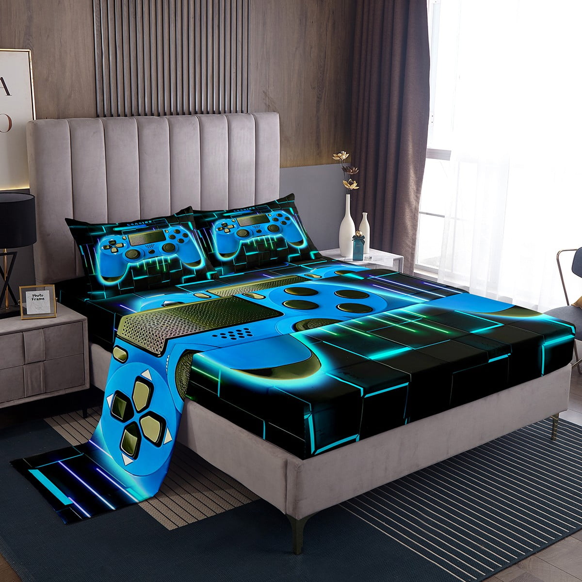 Blue Gaming Bed Sheets Set Gamer Sheet Set Twin,Neon Lights Abstract ...