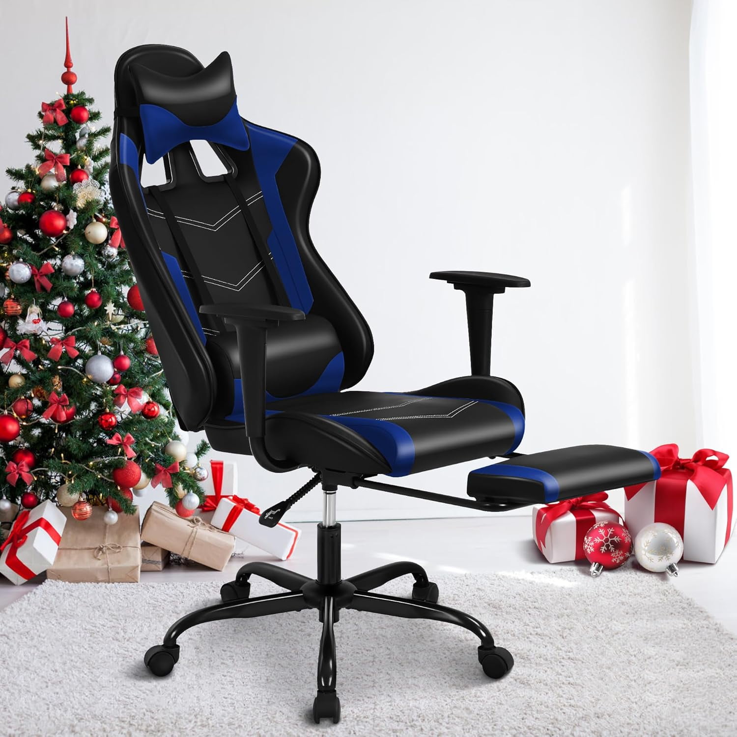 Blue Gaming Chair with Footrest, PU Leather Gaming Chairs for Adults ...