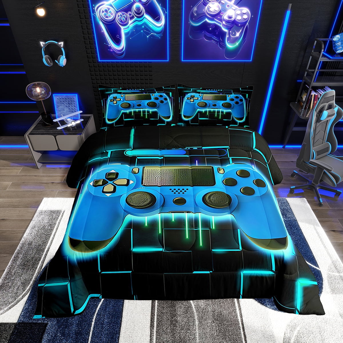 Blue Gaming Comforter Set - Gamer Comforter Bedding Sets , Neon Lights ...