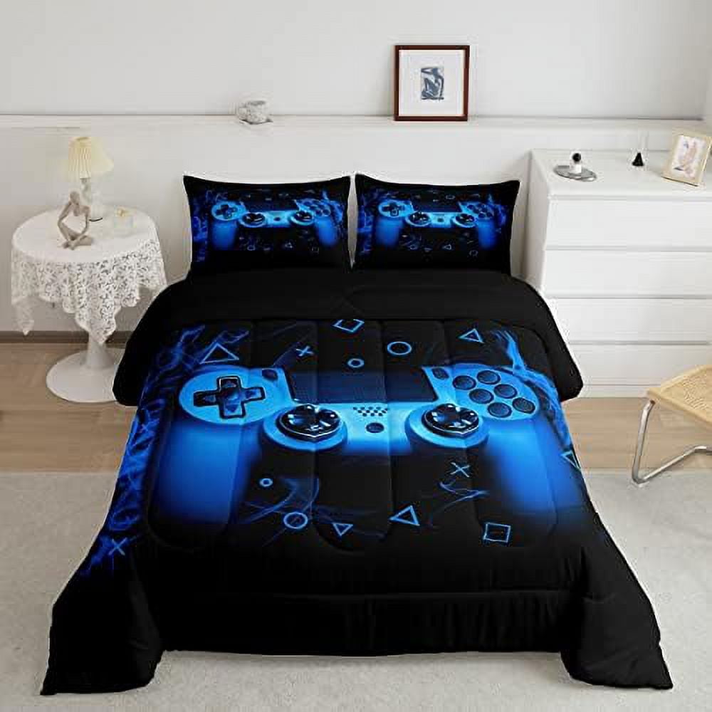 Blue Gaming Comforter Set Queen Size Gamer Comforter Teens Boys Video Game Decor Bedding Set ...