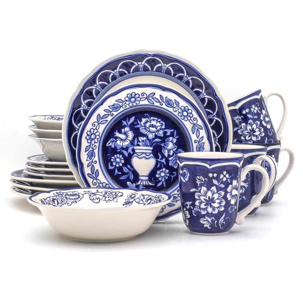Blue Garden 16-Piece Asian Inspired Blue and White Stoneware Dinnerware ...