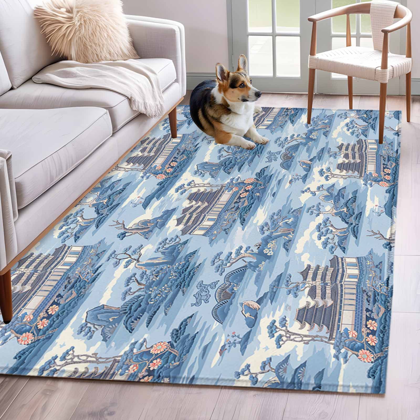 Blue Garden Area Rug 3x5 Washable Rug Non Slip Modern Art Building Rock ...