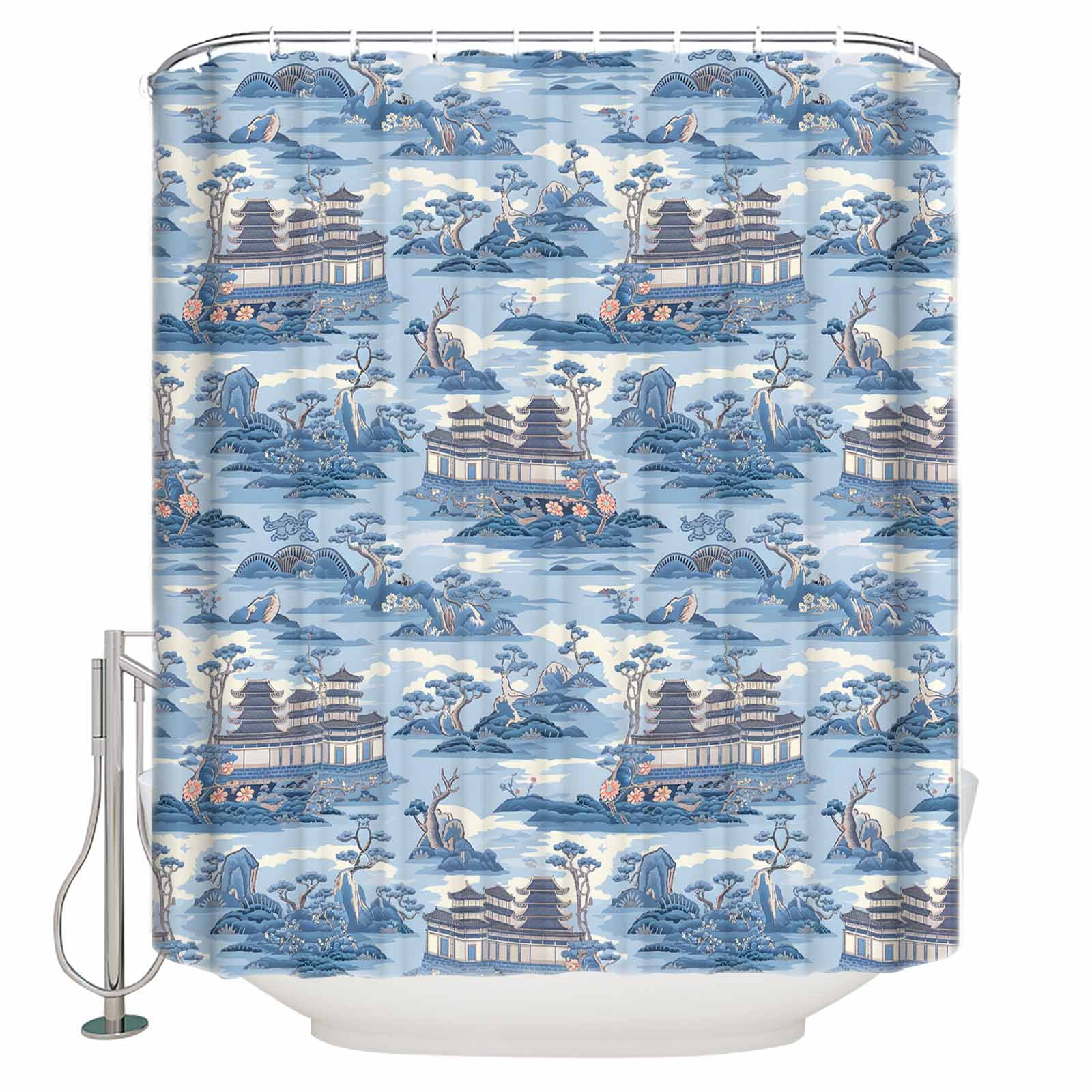 Blue Garden Bathroom Shower Curtains with 12 Hooks Polyester Waterproof ...
