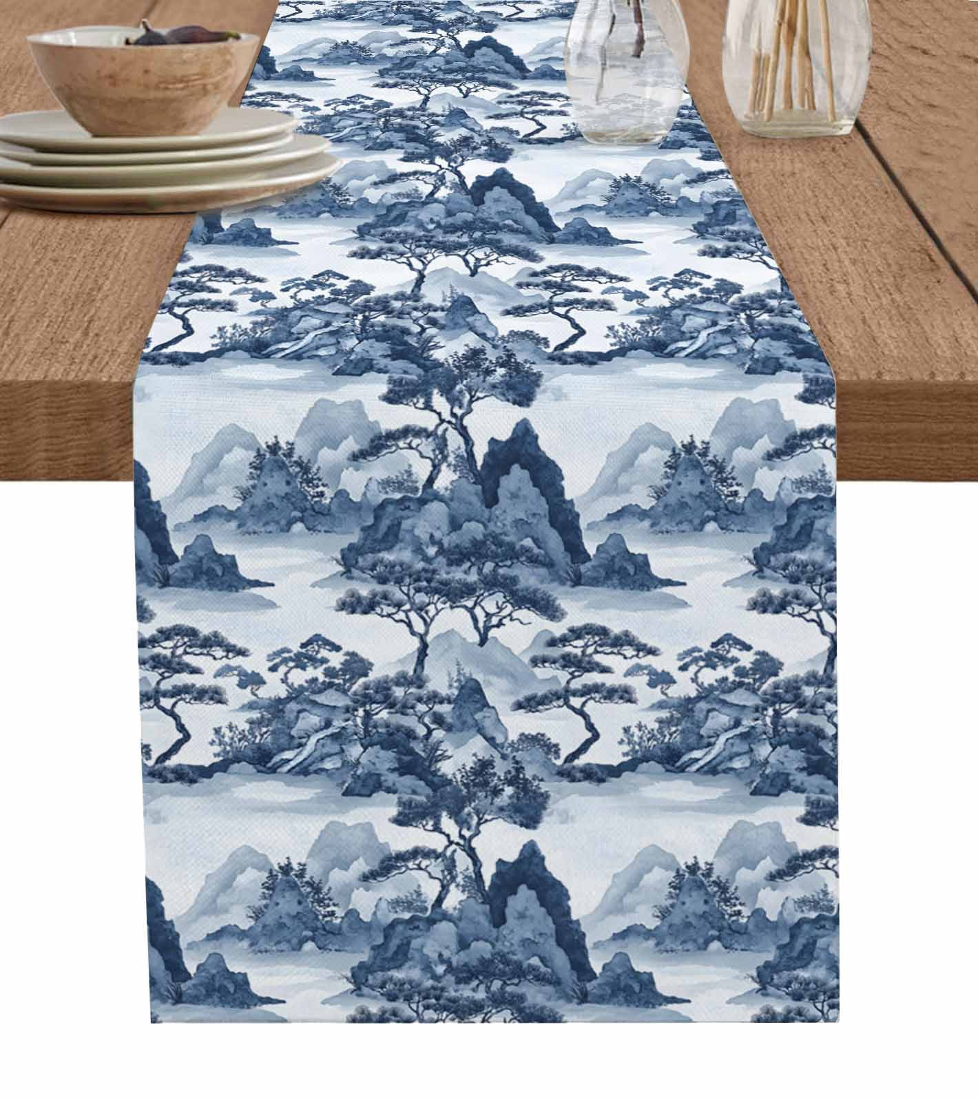 Blue Garden Burlap Cotton Table Runner 13x48 Inches Long, Retro ...