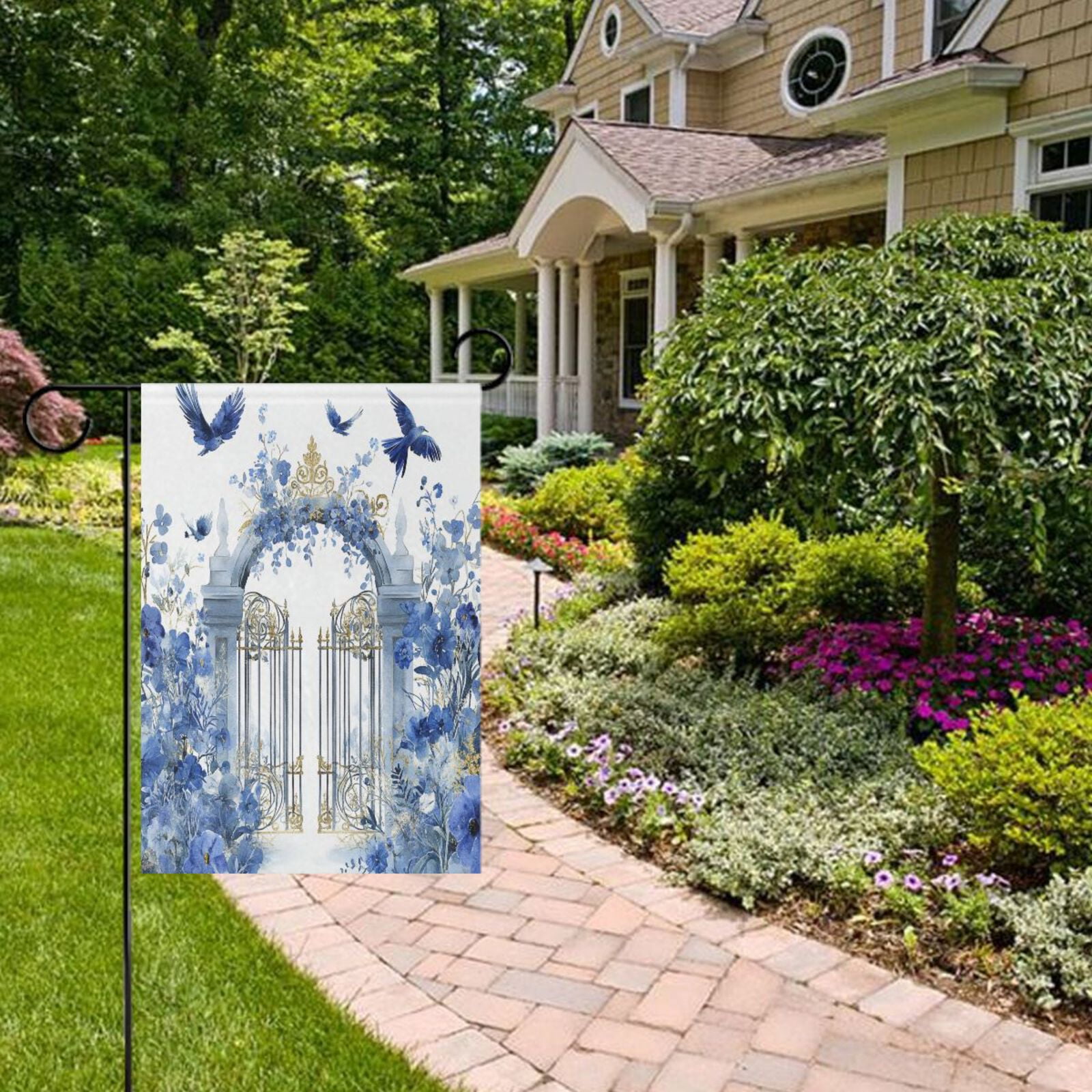 Blue Garden Floral Birds Garden Flag Double Sided 12 x 18 Inch Outside ...