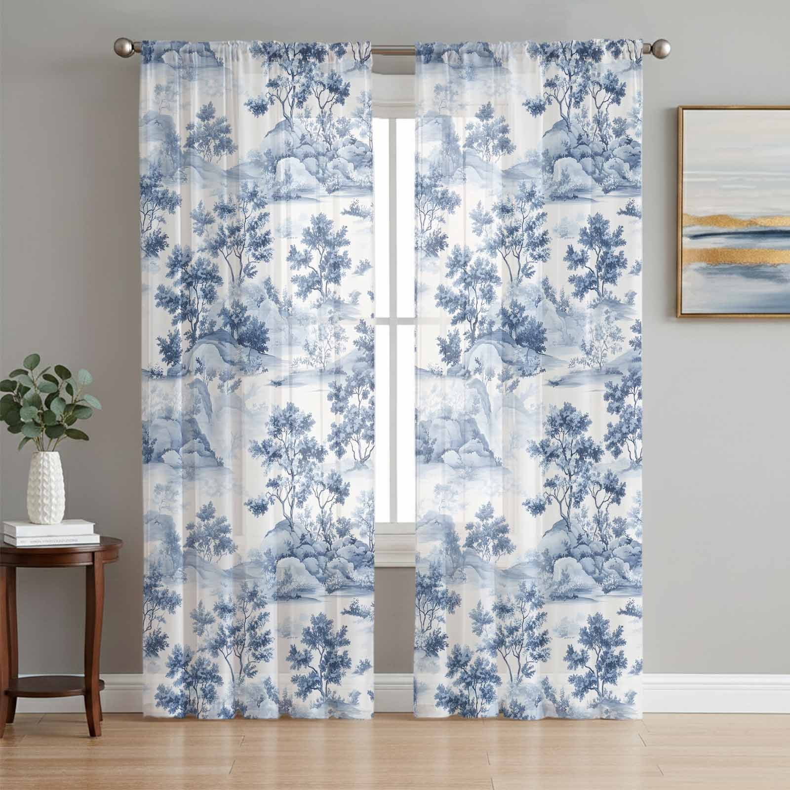 Blue Garden Forest Sheer Curtains 84 Inch Length 2 Panels Set, Modern ...