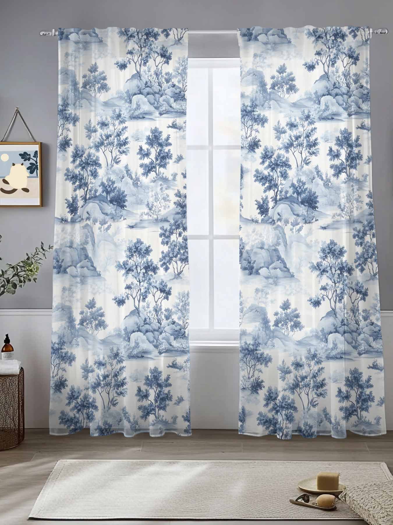 Blue Garden Forest Sheer Curtains for Living Room Bedroom Modern Art ...