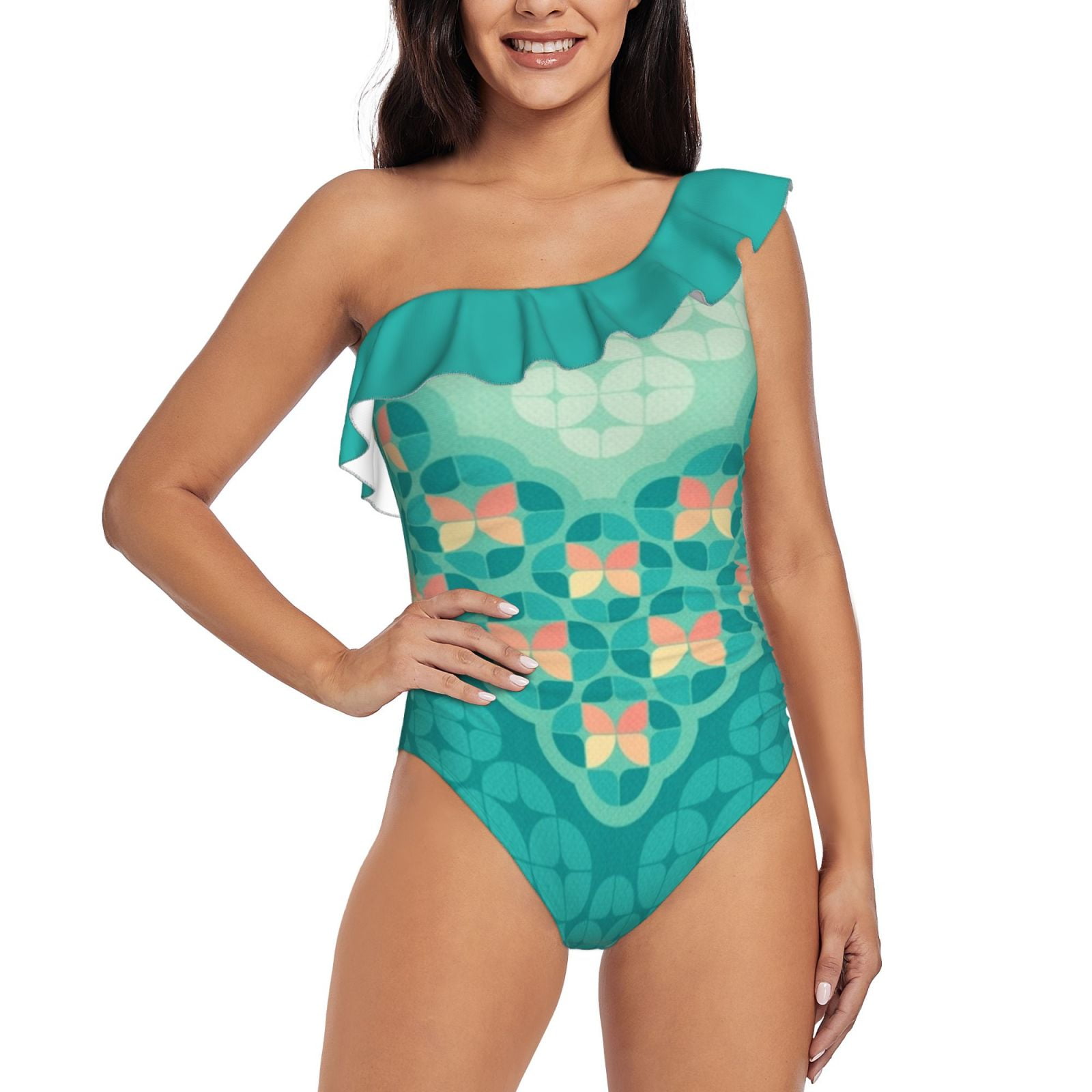Blue Garden Pattern Black Mesh Swimsuit One Piece Backless Swimwear