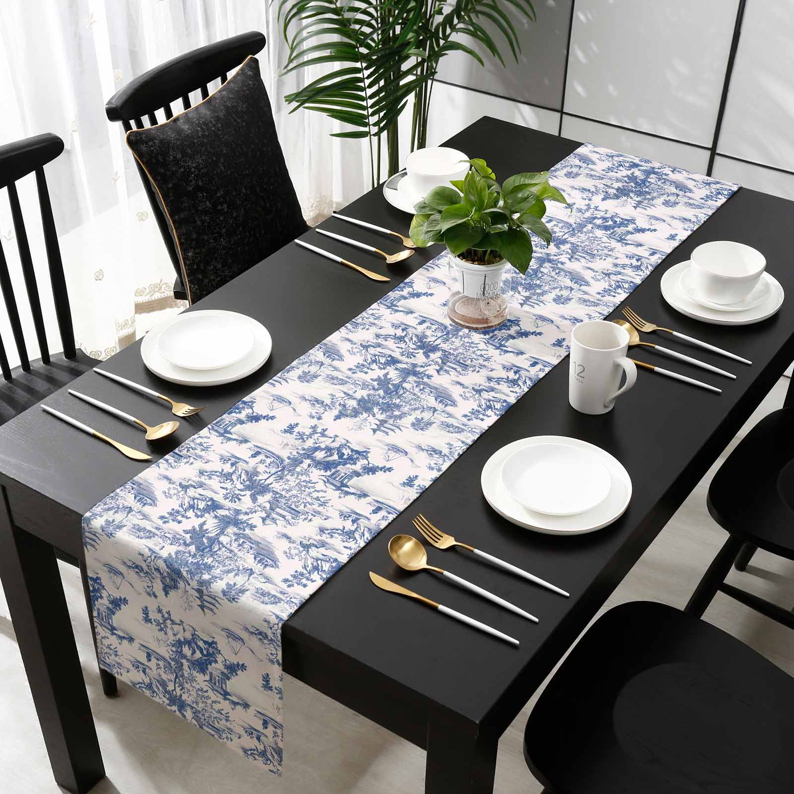 Blue Garden Retro Cotton Linen Small Table Runner 13 x 36 inch Modern ...