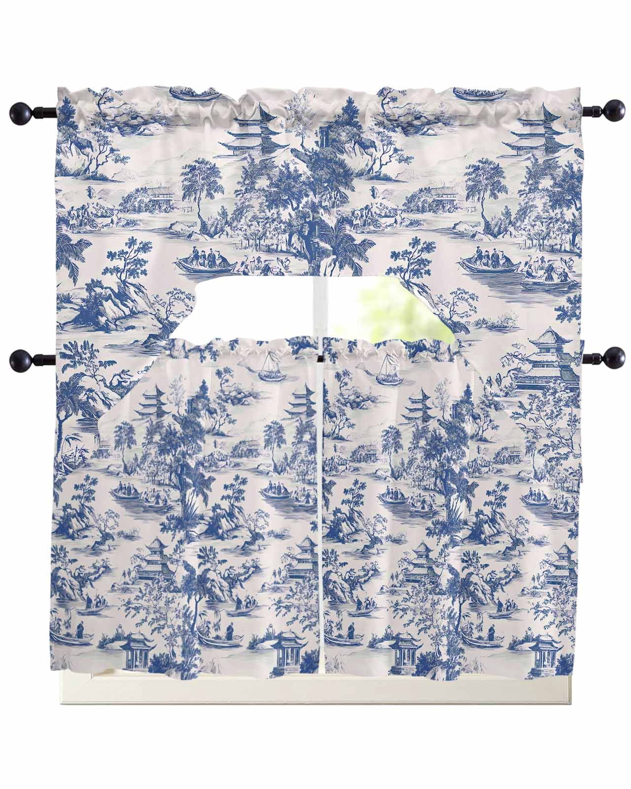 Blue Garden Retro Kitchen Curtain and Valance Set 3 Pieces, Rod Pocket ...
