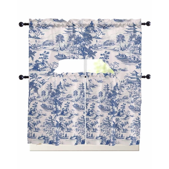 Blue Garden Retro Kitchen Curtain and Valance Set 3 Pieces, Rod Pocket ...