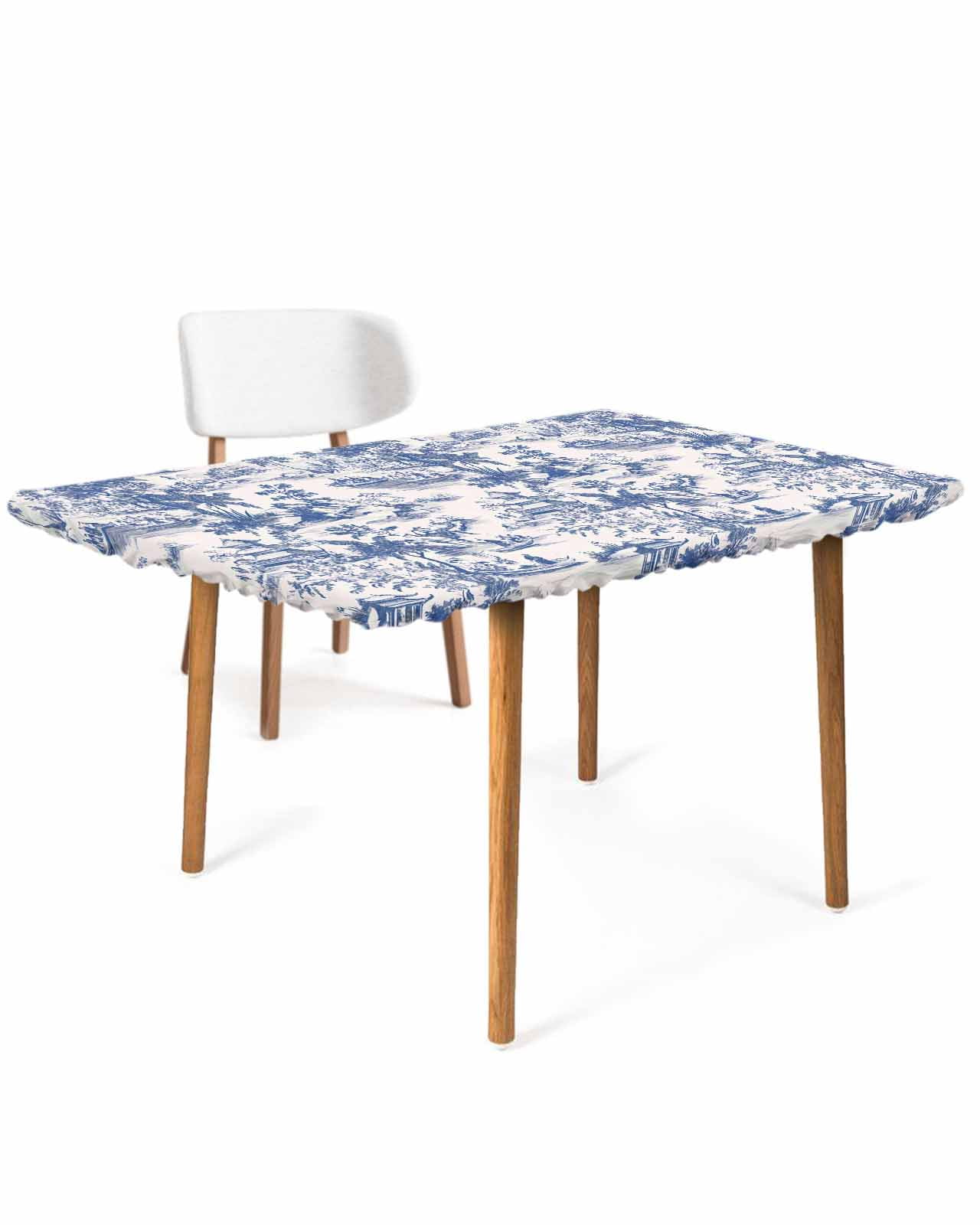 Blue Garden Retro Rectangle Tablecloth, Waterproof Elastic Fitted Table ...