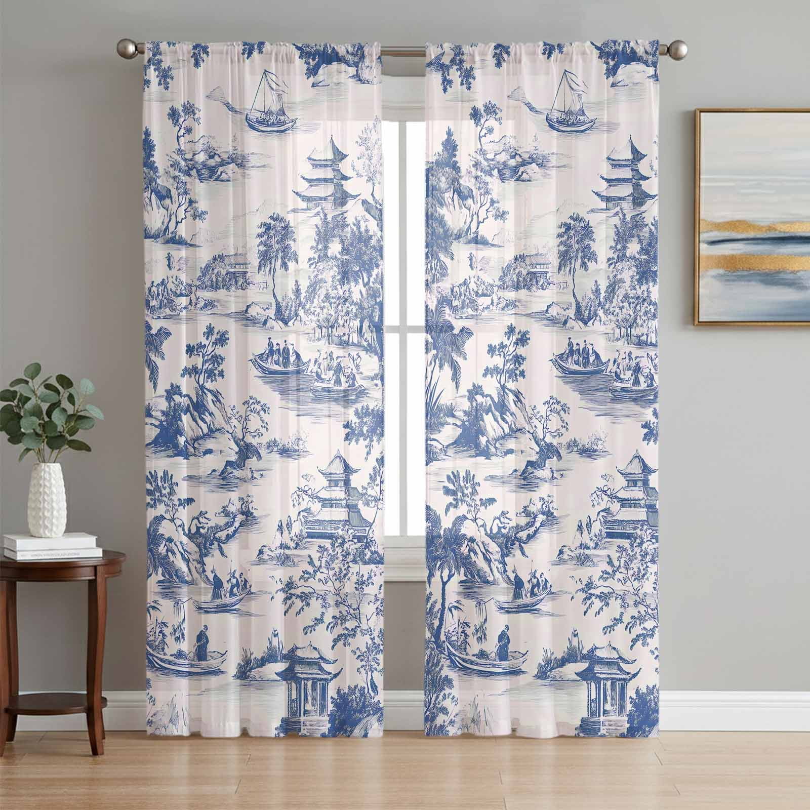 Blue Garden Retro Sheer Curtains 63 Inch Length 2 Panels Set, Modern ...