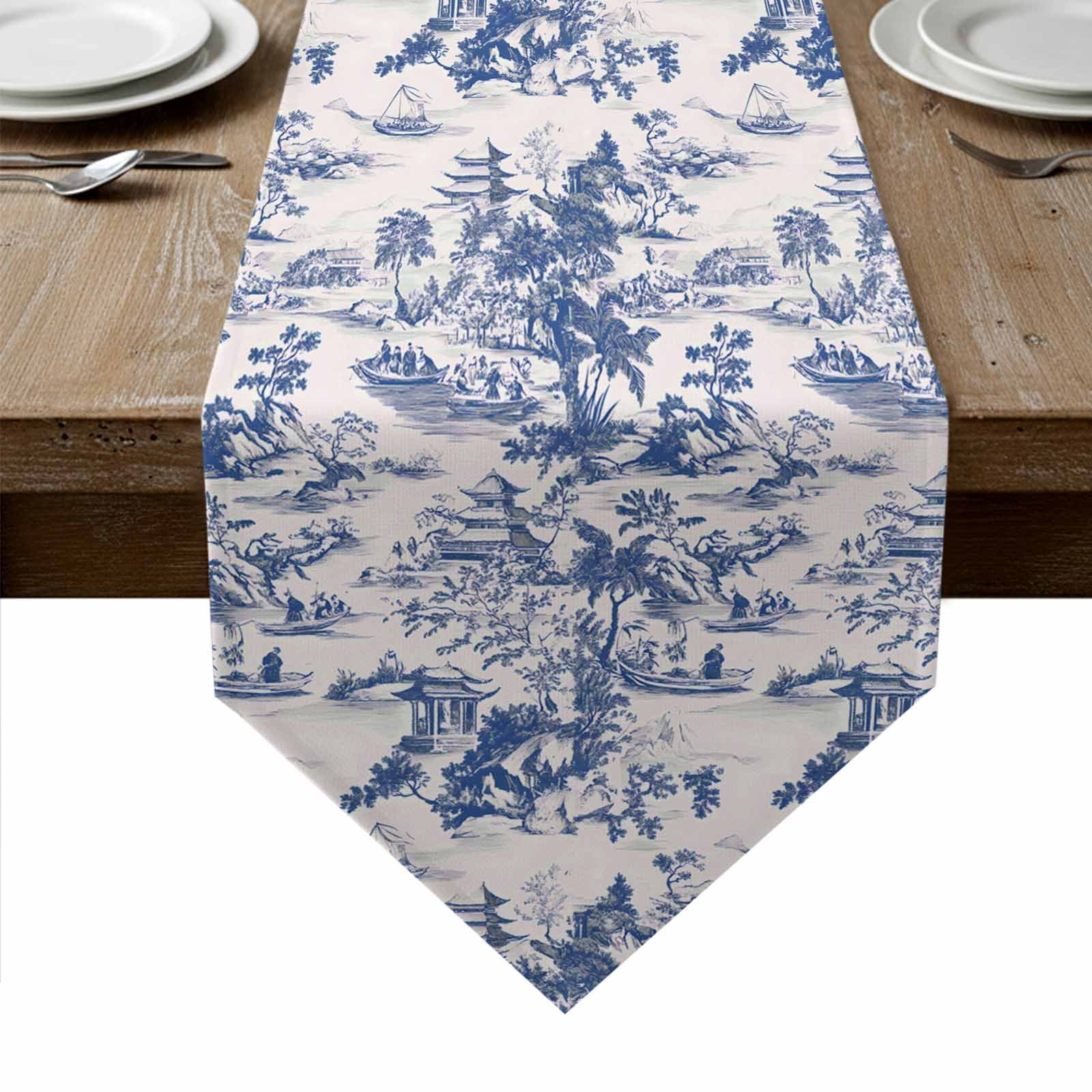 Blue Garden Retro Table Runner Linen Burlap Table Runner 70 Inches Long ...