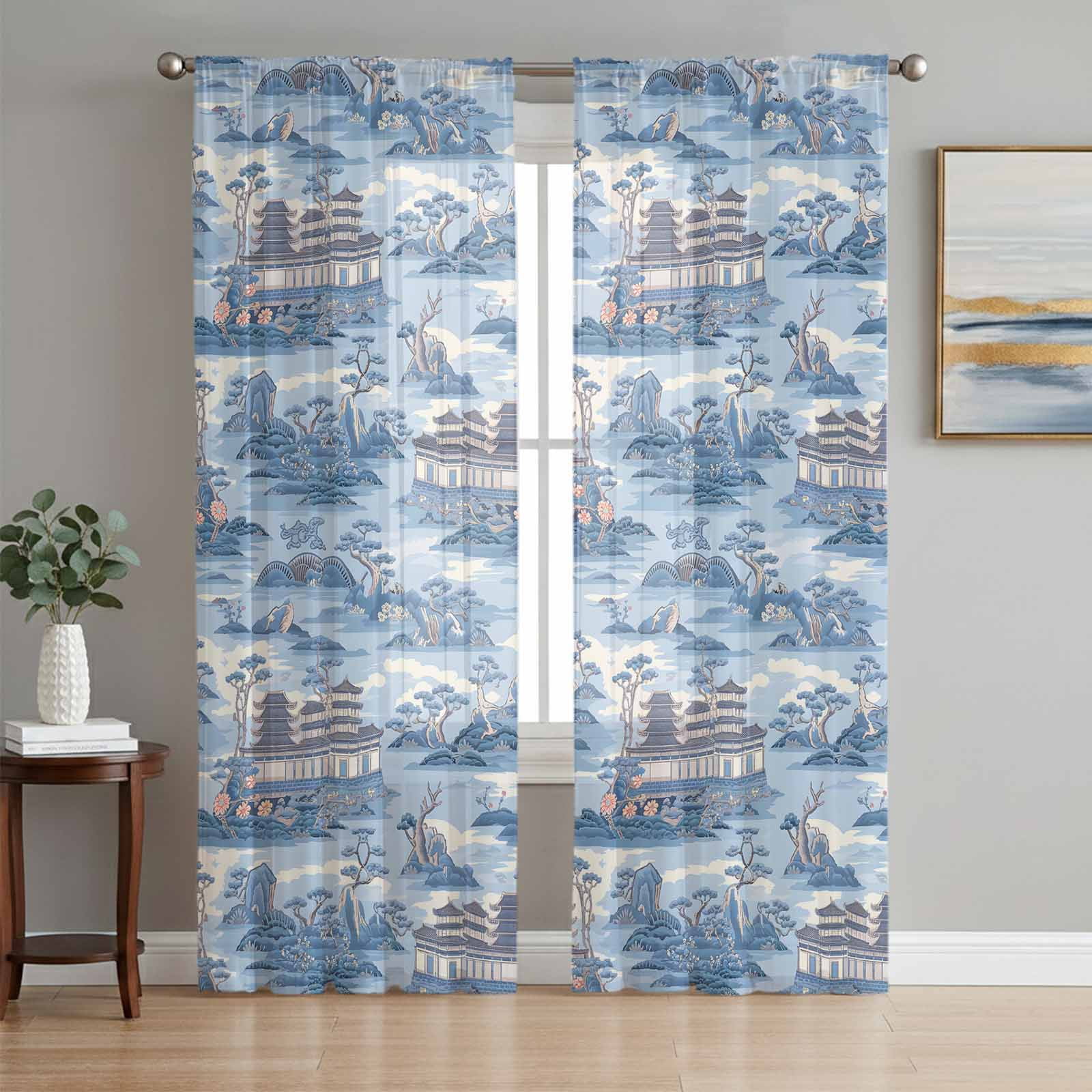 Blue Garden Sheer Curtains 72 Inch Length 2 Panels Set, Modern Art ...