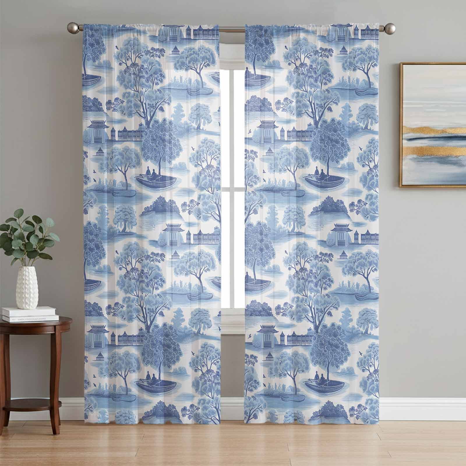 Blue Garden Sheer Curtains 84 Inch Length 2 Panels Set, Modern Art ...