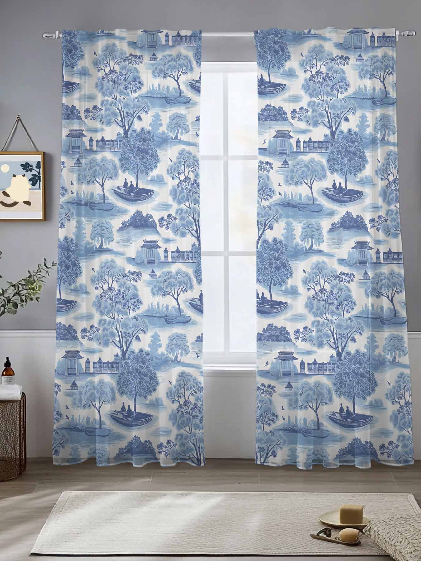 Blue Garden Sheer Curtains for Living Room Bedroom Modern Art Building ...
