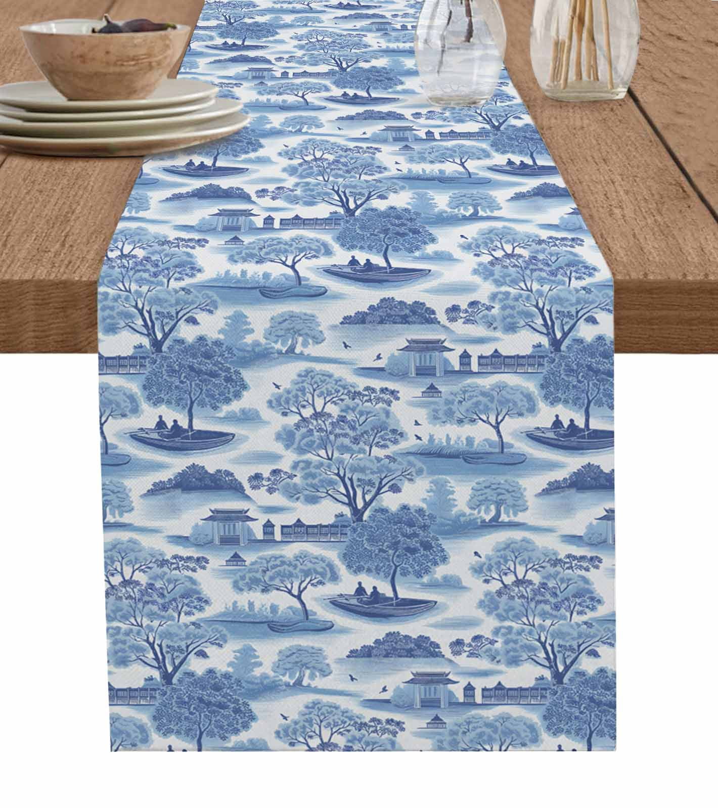 Blue Garden Table Runner 120 Inches, Modern Art Building Trees Boat ...
