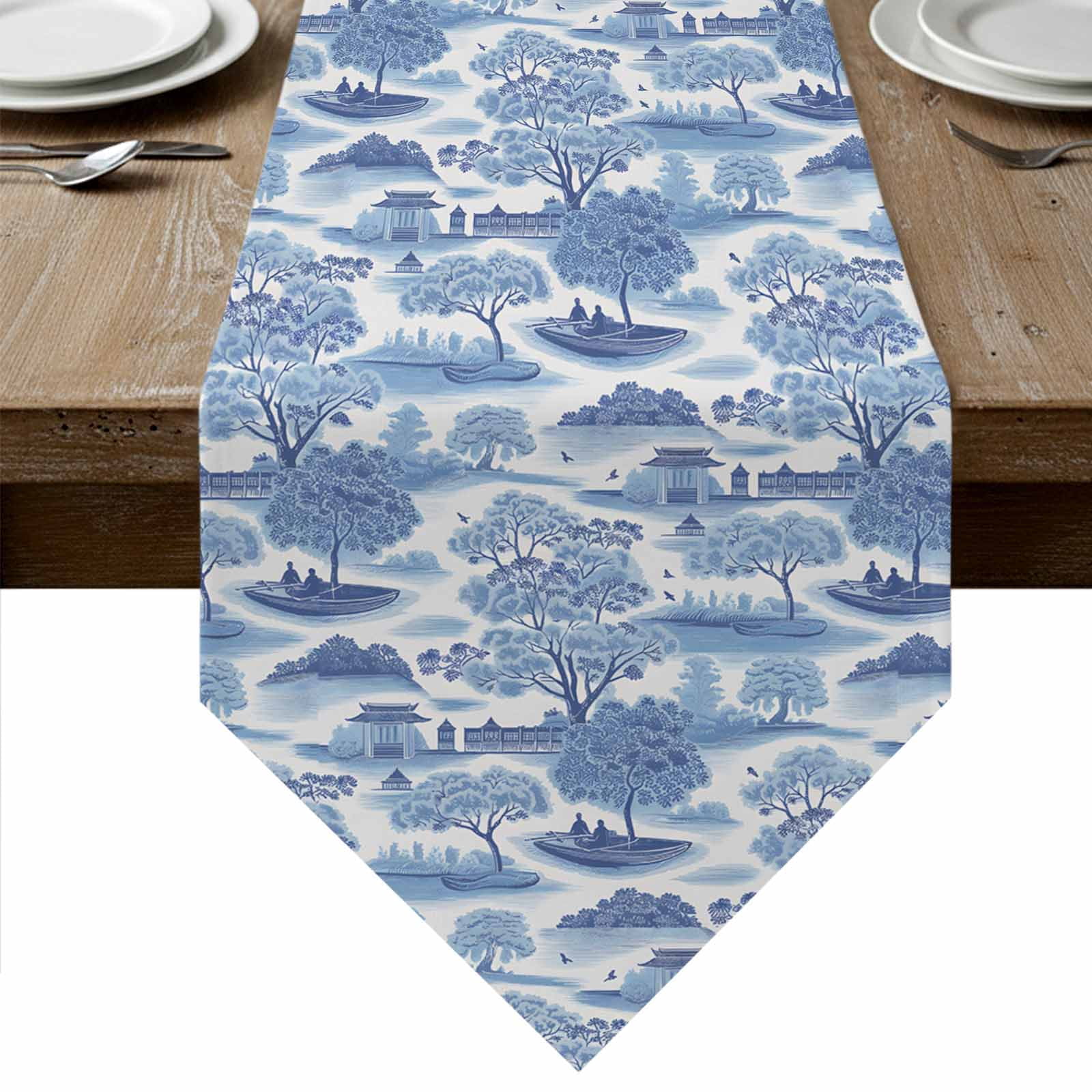 Blue Garden Table Runner Linen Burlap Table Runner 72 Inches Long ...