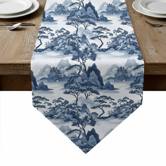 Blue Garden Table Runner Linen Burlap Table Runner 72 Inches Long Retro ...