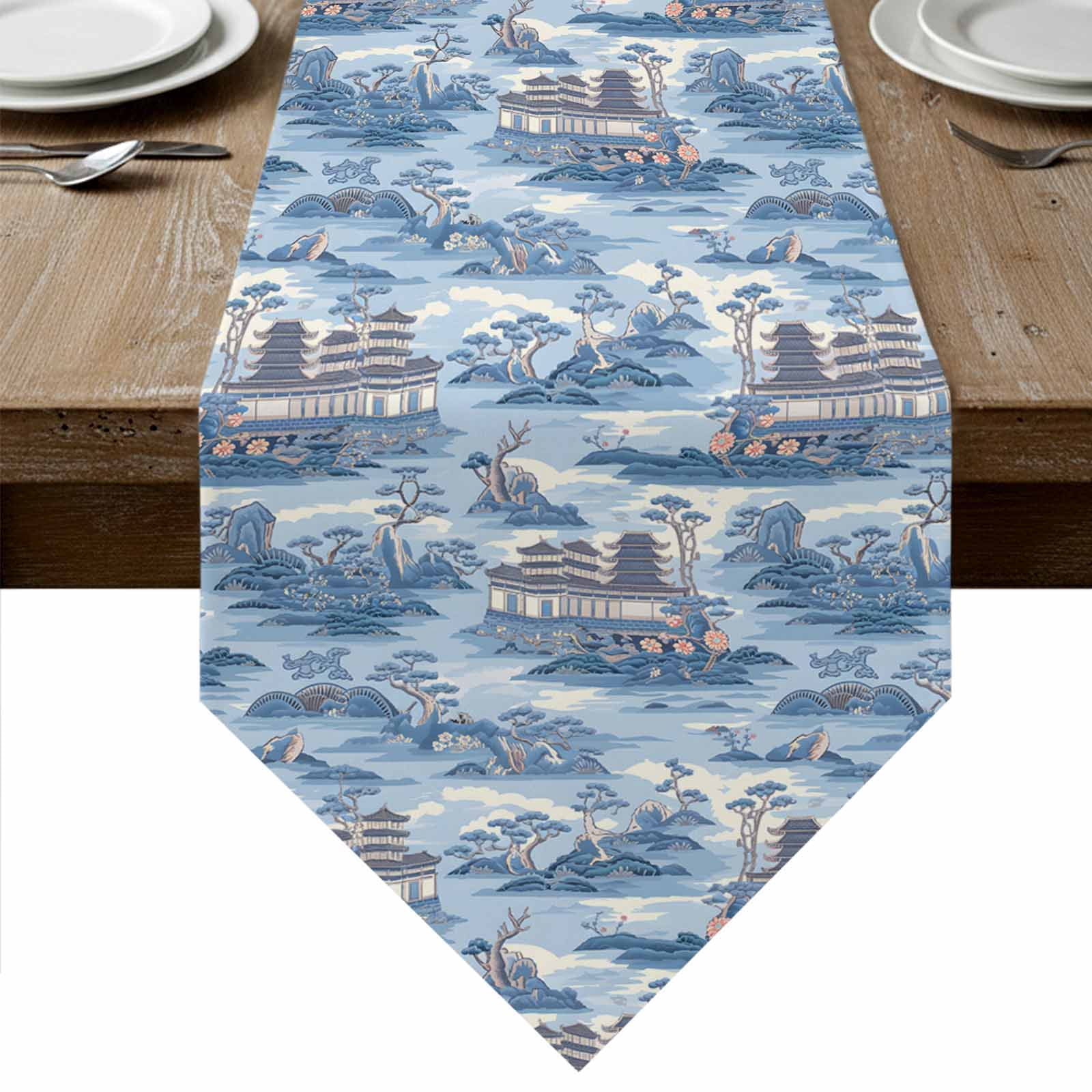Blue Garden Table Runner Linen Burlap Table Runner 90 Inches Long ...