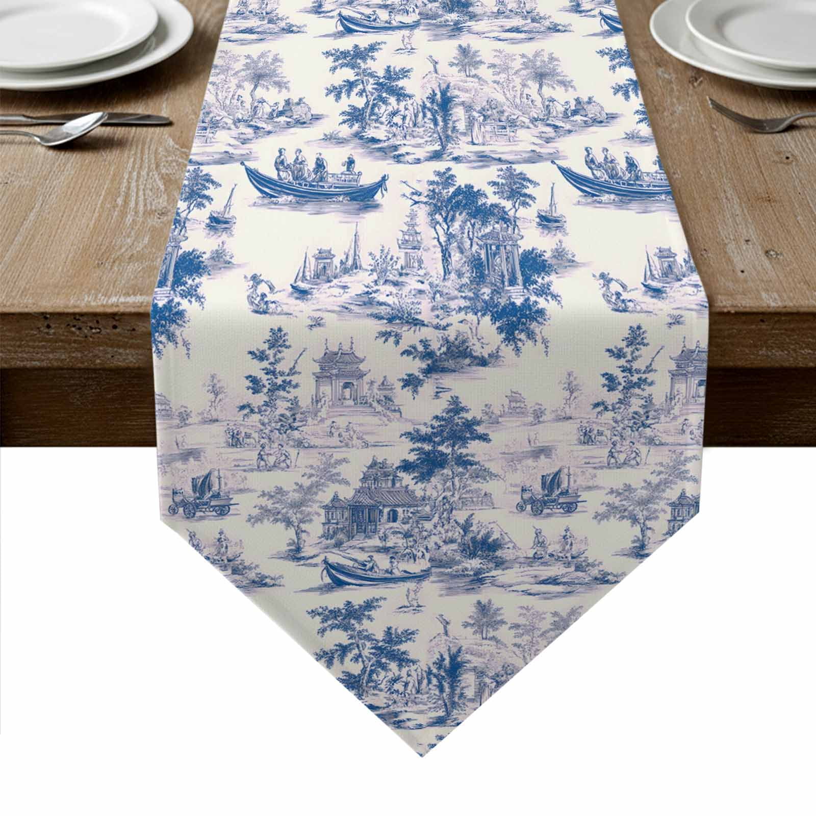 Blue Garden Vintage Table Runner Linen Burlap Table Runner 120 Inches ...